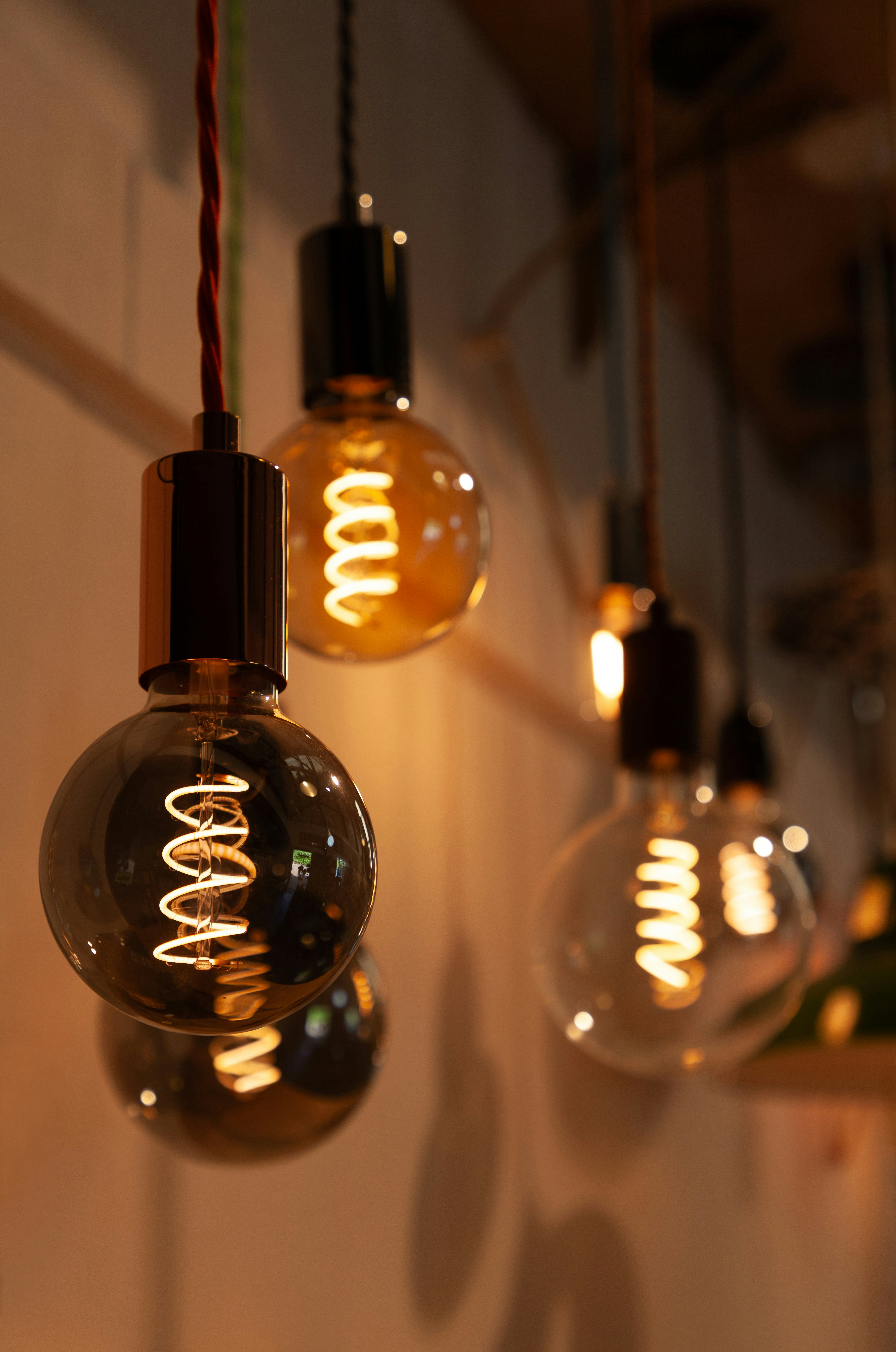 A group of light bulbs hanging from a ceiling photo – Free Bulbs Image ...