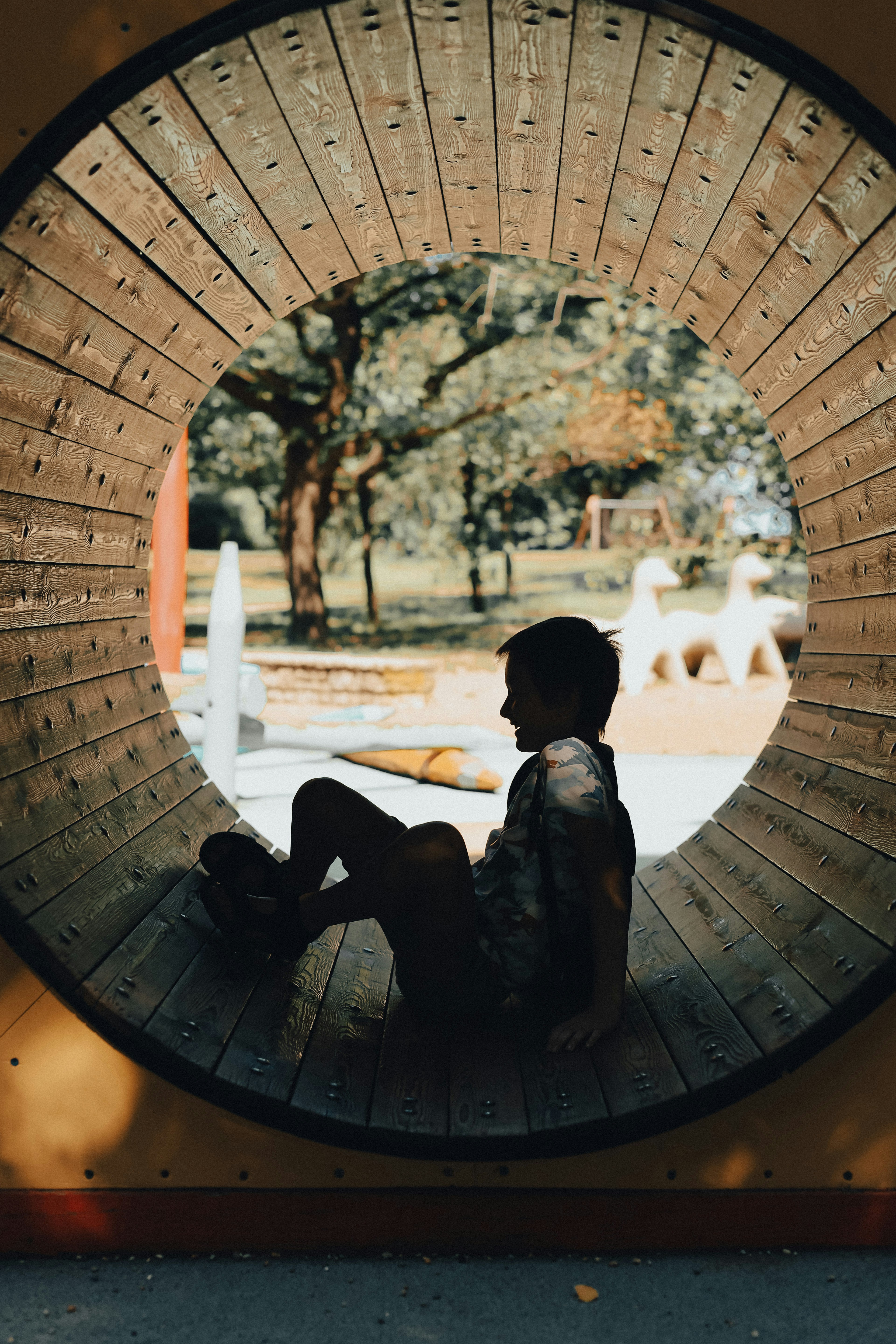 Silhouette in the Timber Ring: A Quiet Playground Moment Framed by Circular Light