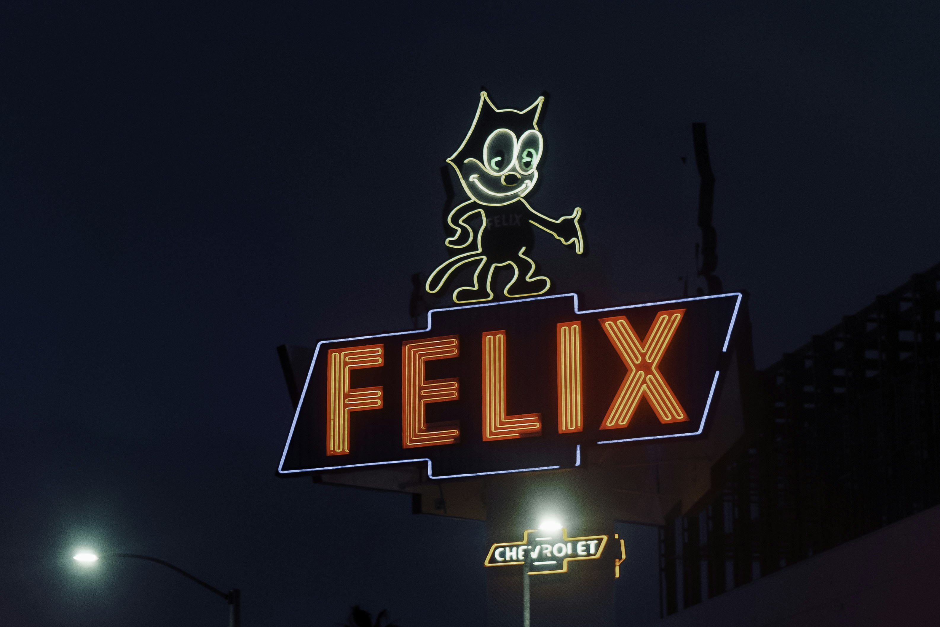 Felix Neon Cat Sign Illuminates a Quiet Downtown Night