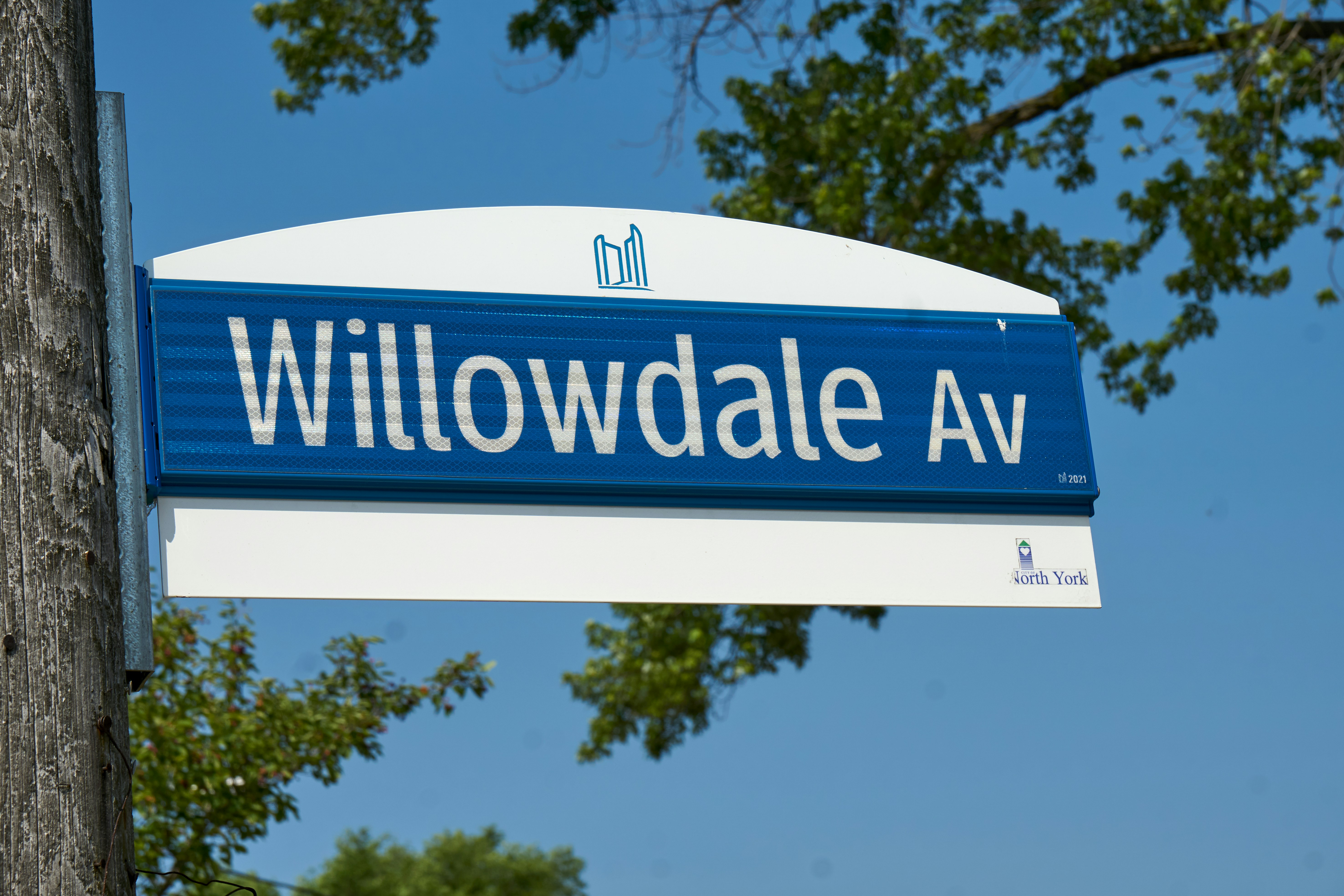 A blue and white street sign hanging from a wooden pole photo – Free ...