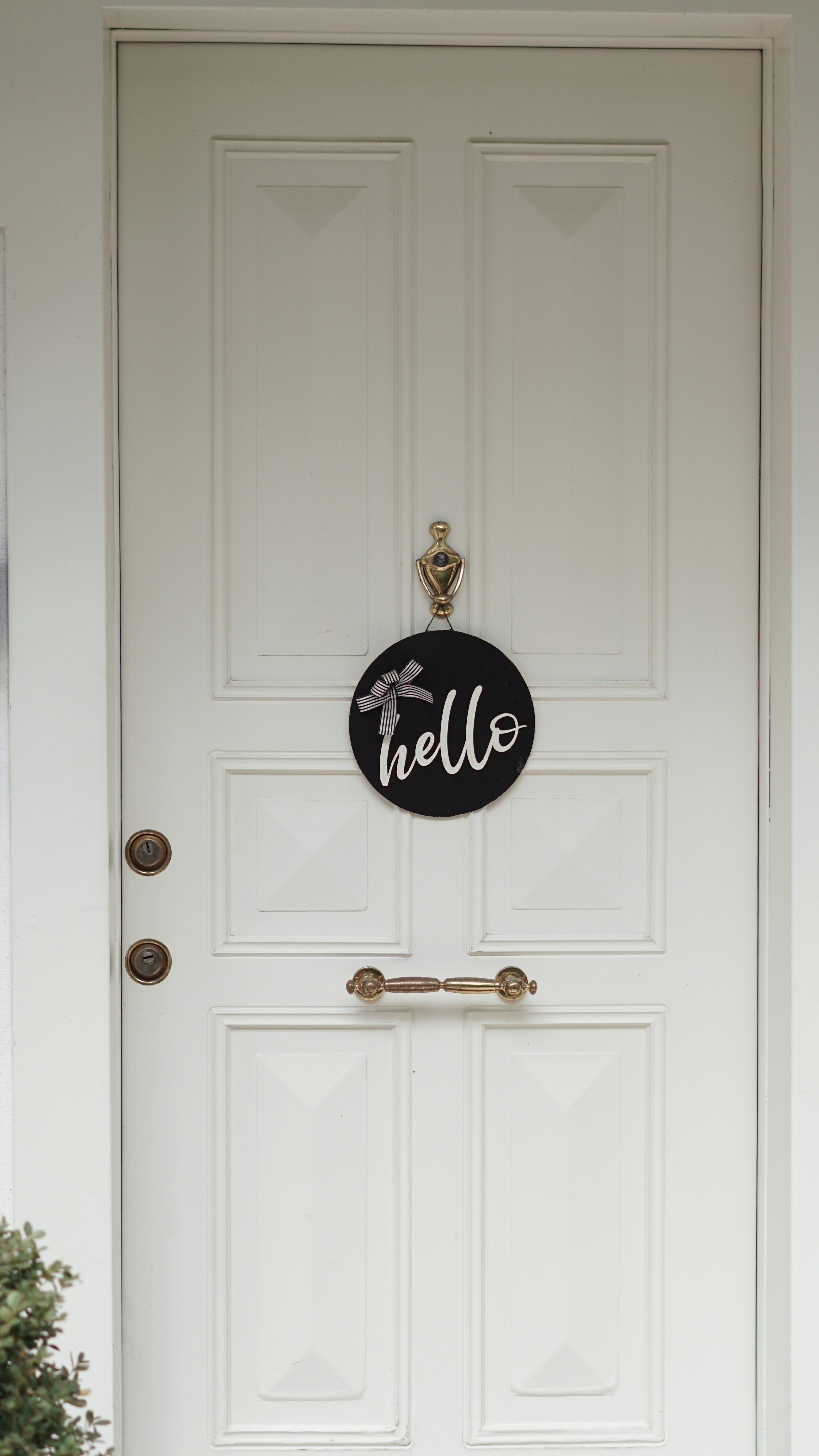 Hello on the Door: A Circular Welcome Emblem Adorning a Paneled White Door