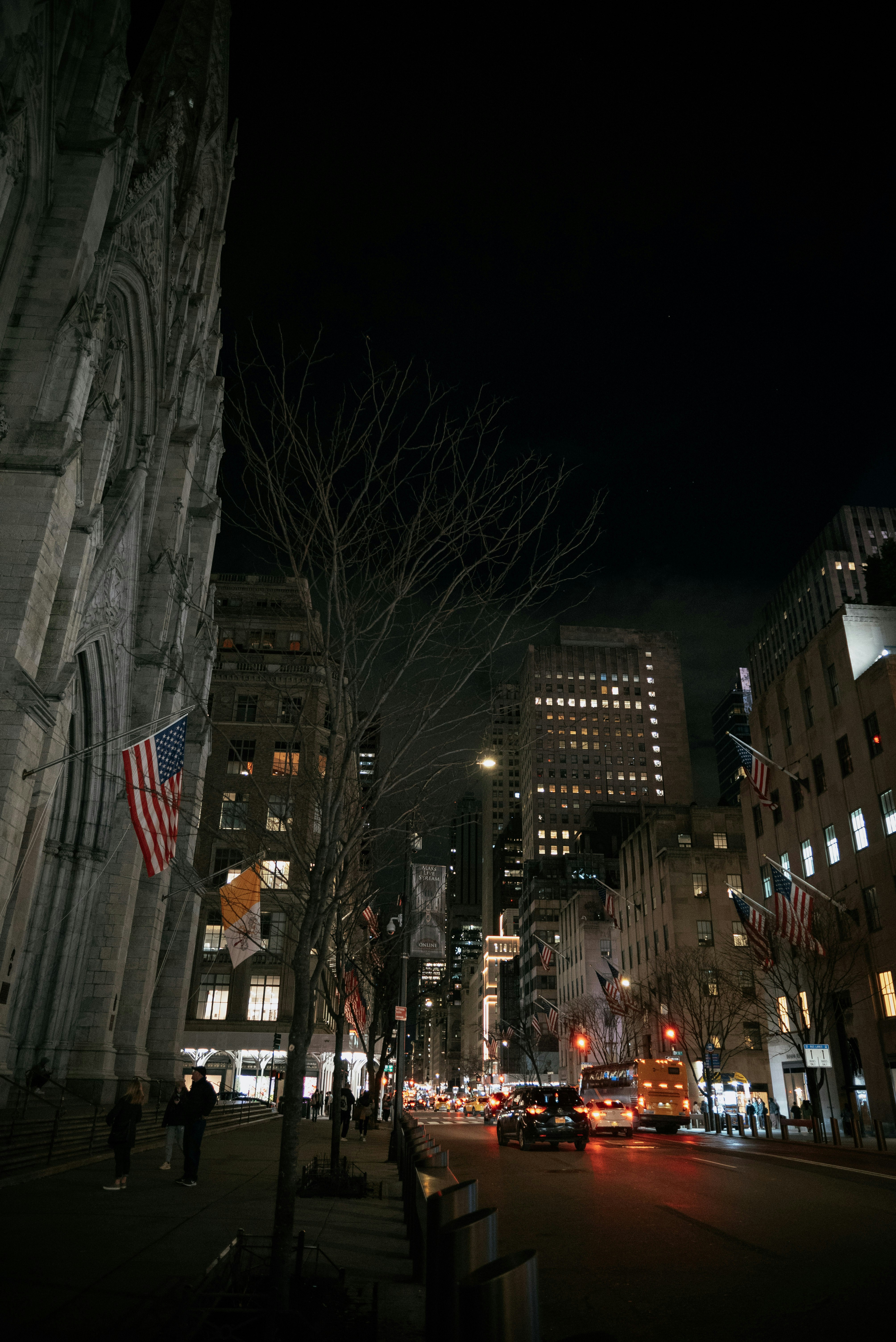 Midnight Corridor: Flag-Lined Avenue Under City Lights