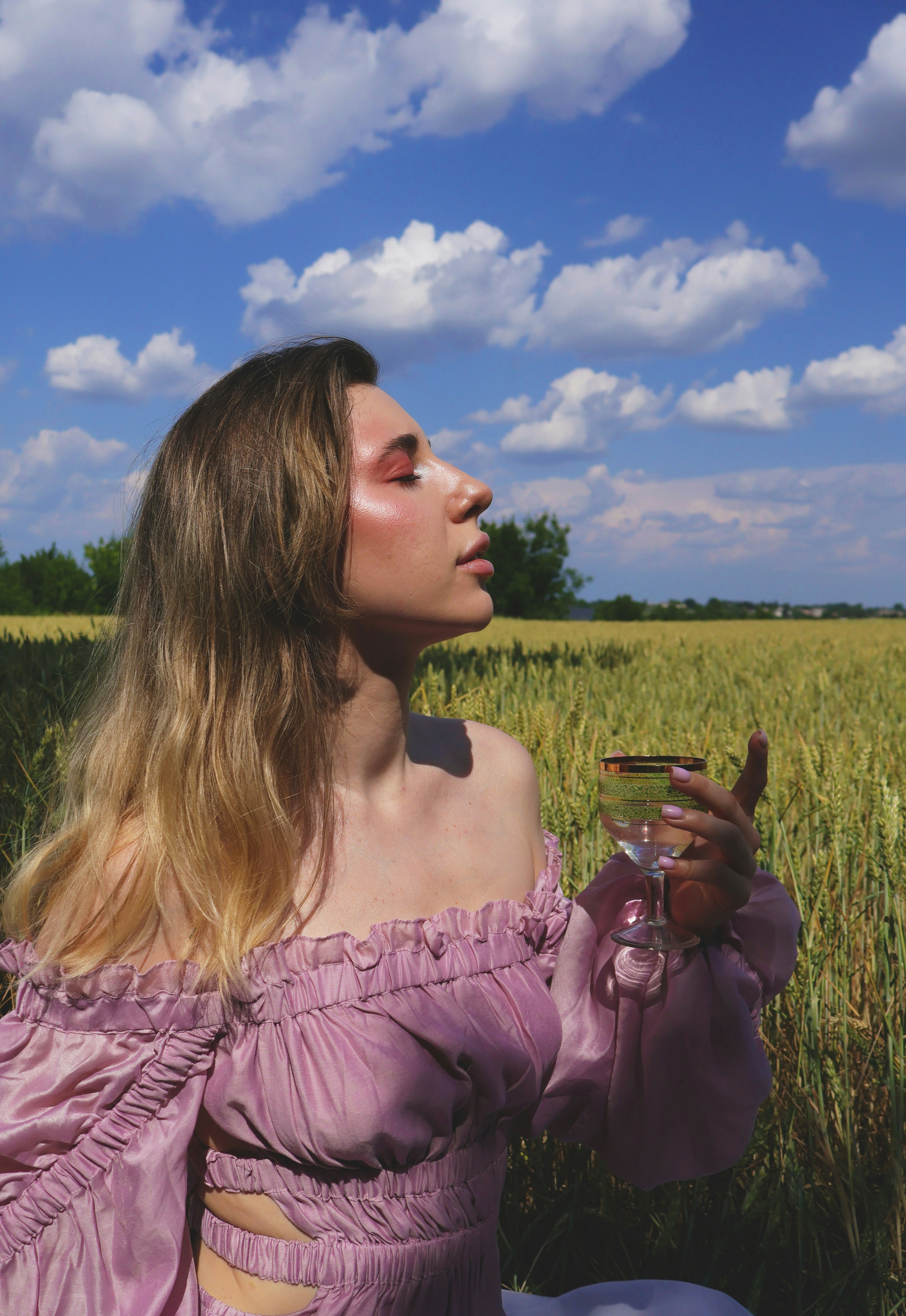 Portrait of a woman in a pink off-the-shoulder dress standing in a golden wheat field, holding a glass as she gazes toward the sun. The scene feels warm and summery, with clear blue skies.