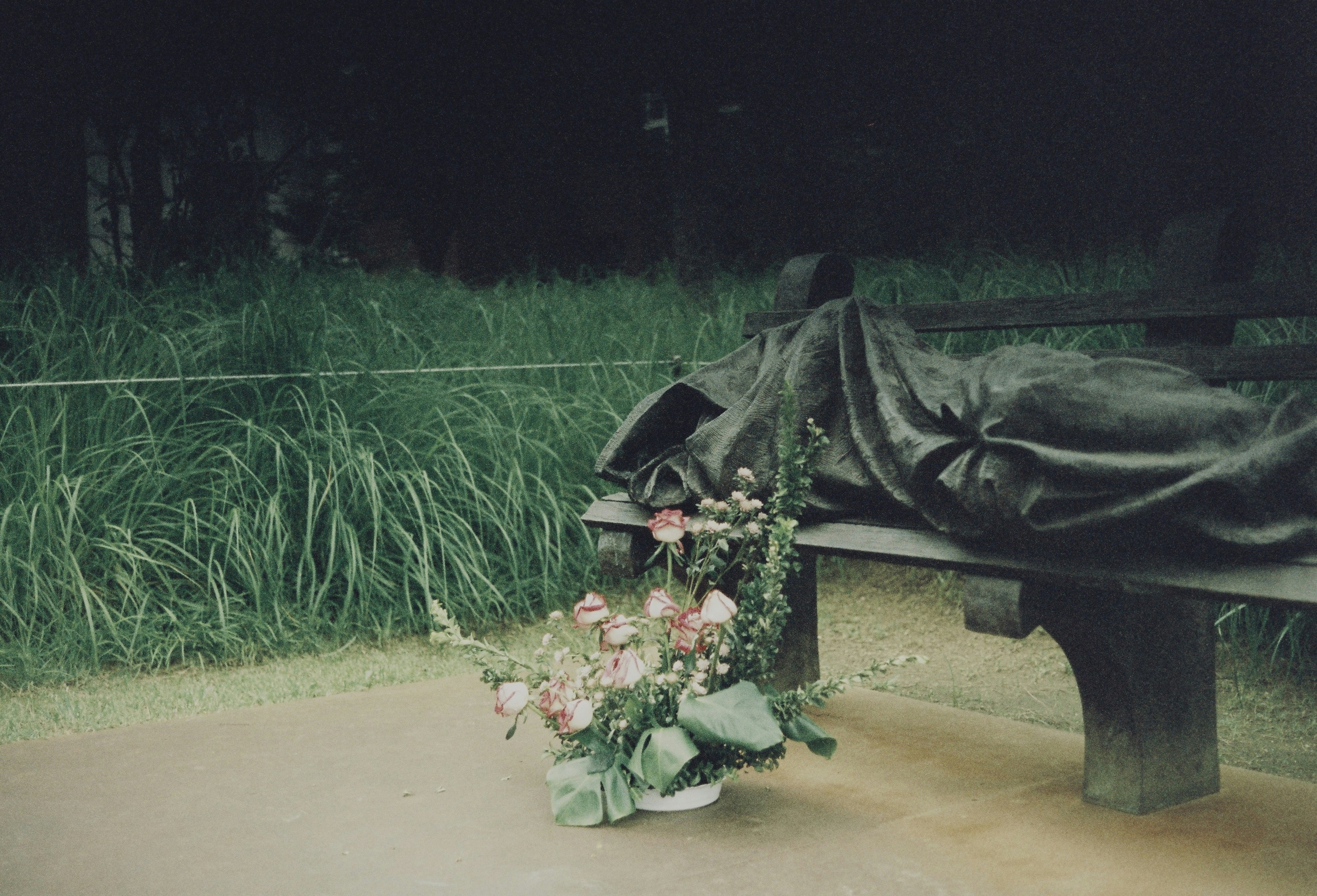 Bouquet at Rest: Floral Bouquet Framed by a Weathered Park Bench