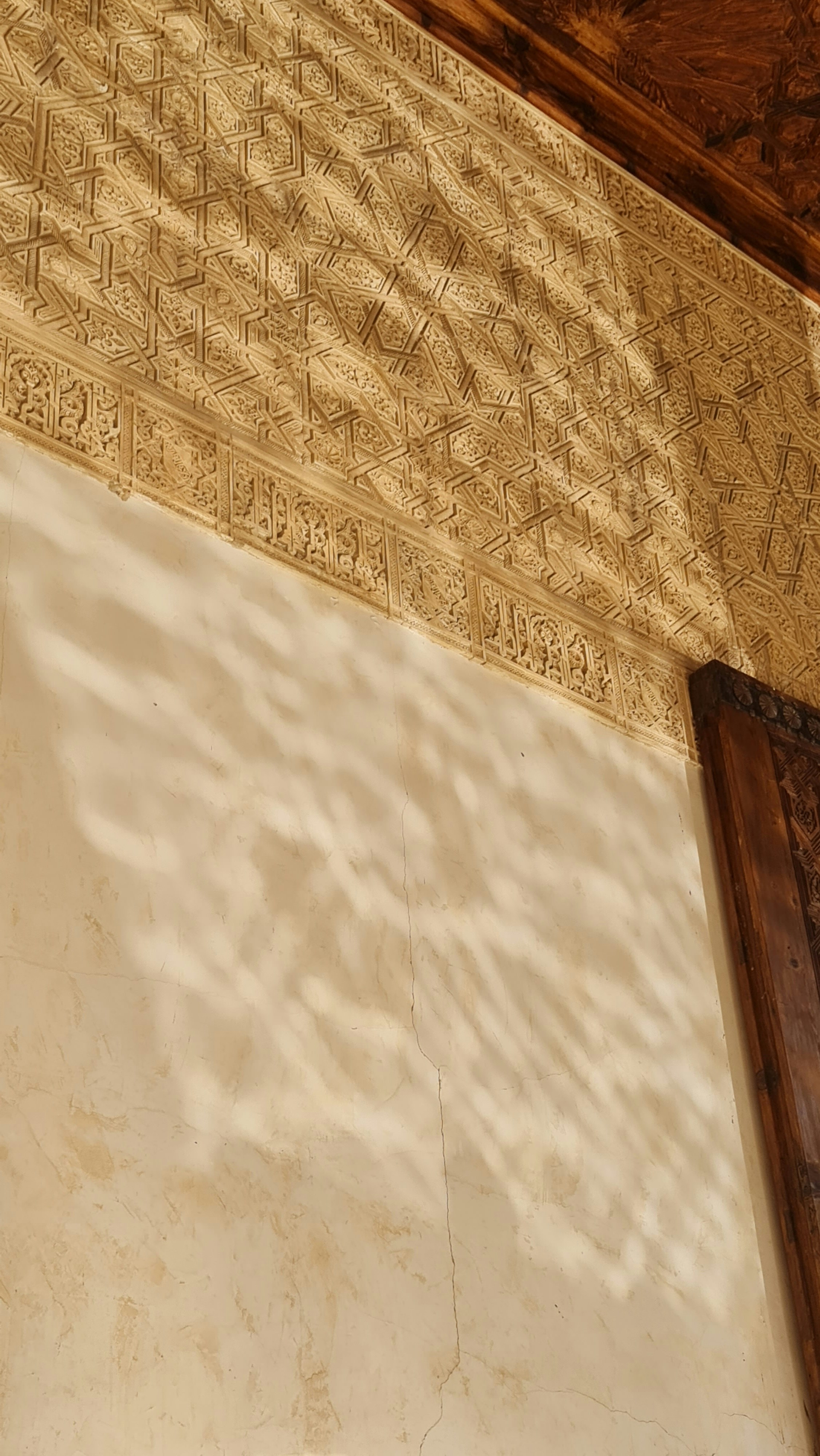 Water reflections create intricate patterns on a textured wall in Alhambra Palace.
