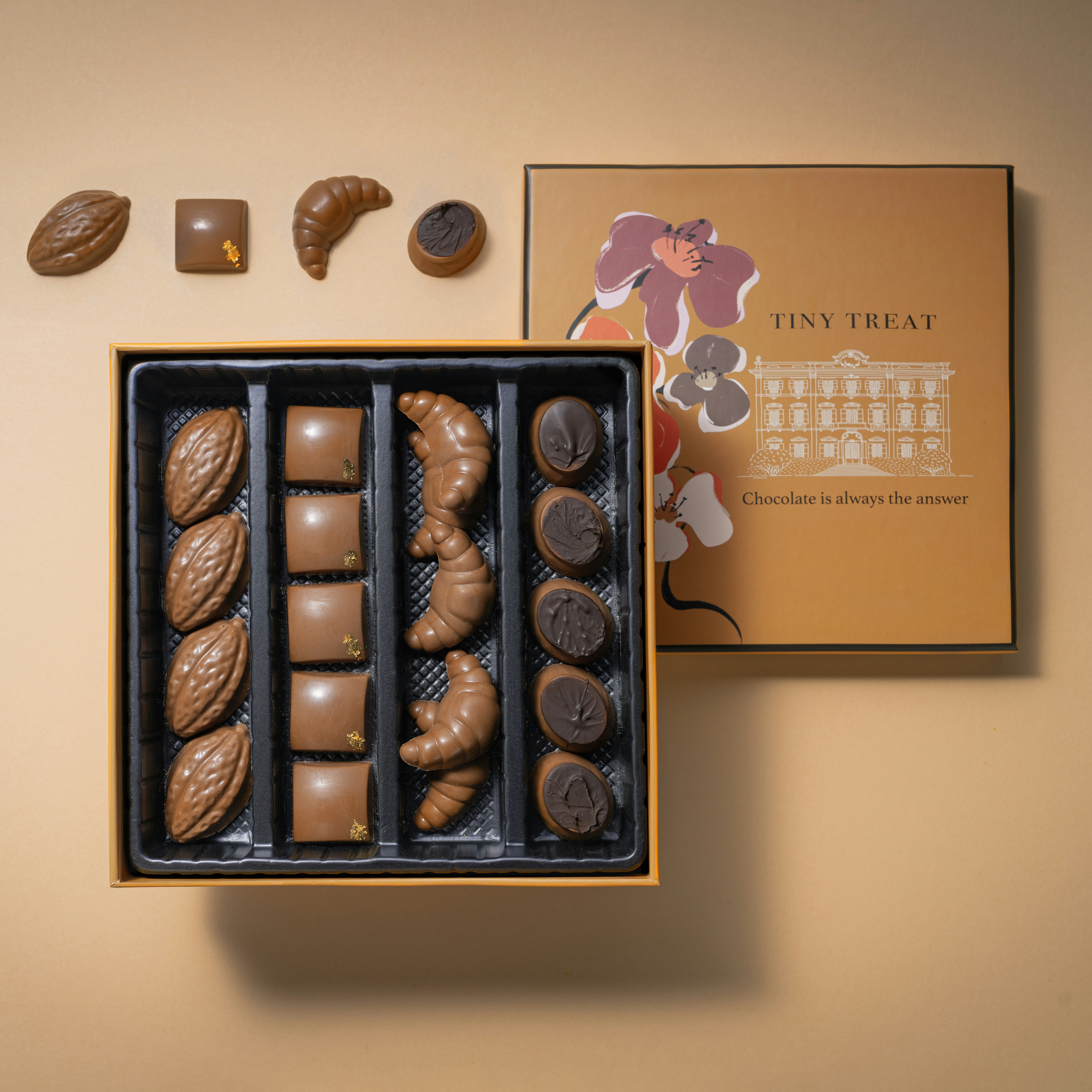 Boxed sweetness: a tidy chocolate assortment with a playful twist