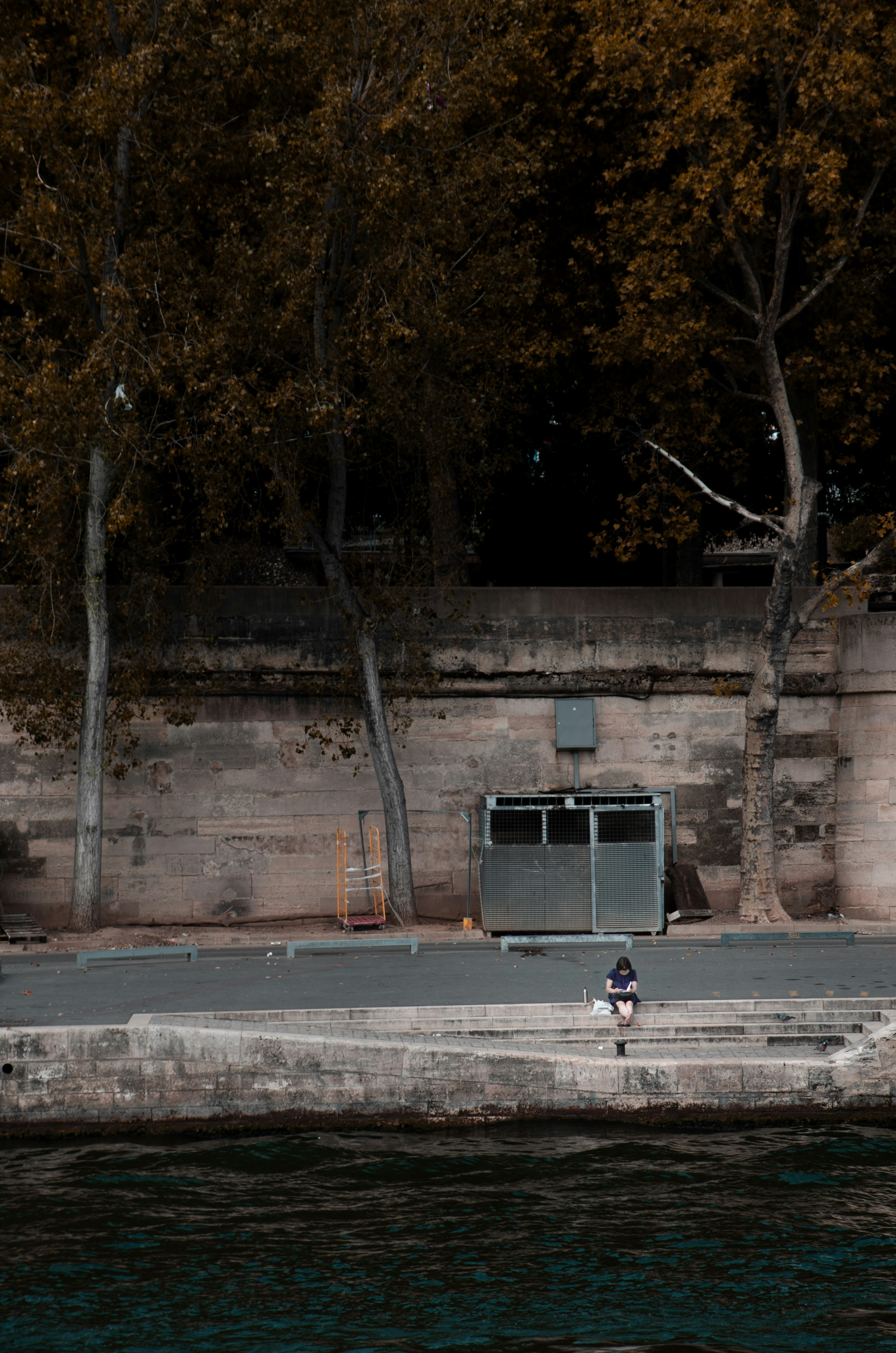 Autumn Riverbank Quietude: A lone sitter framed by trees and a weathered wall