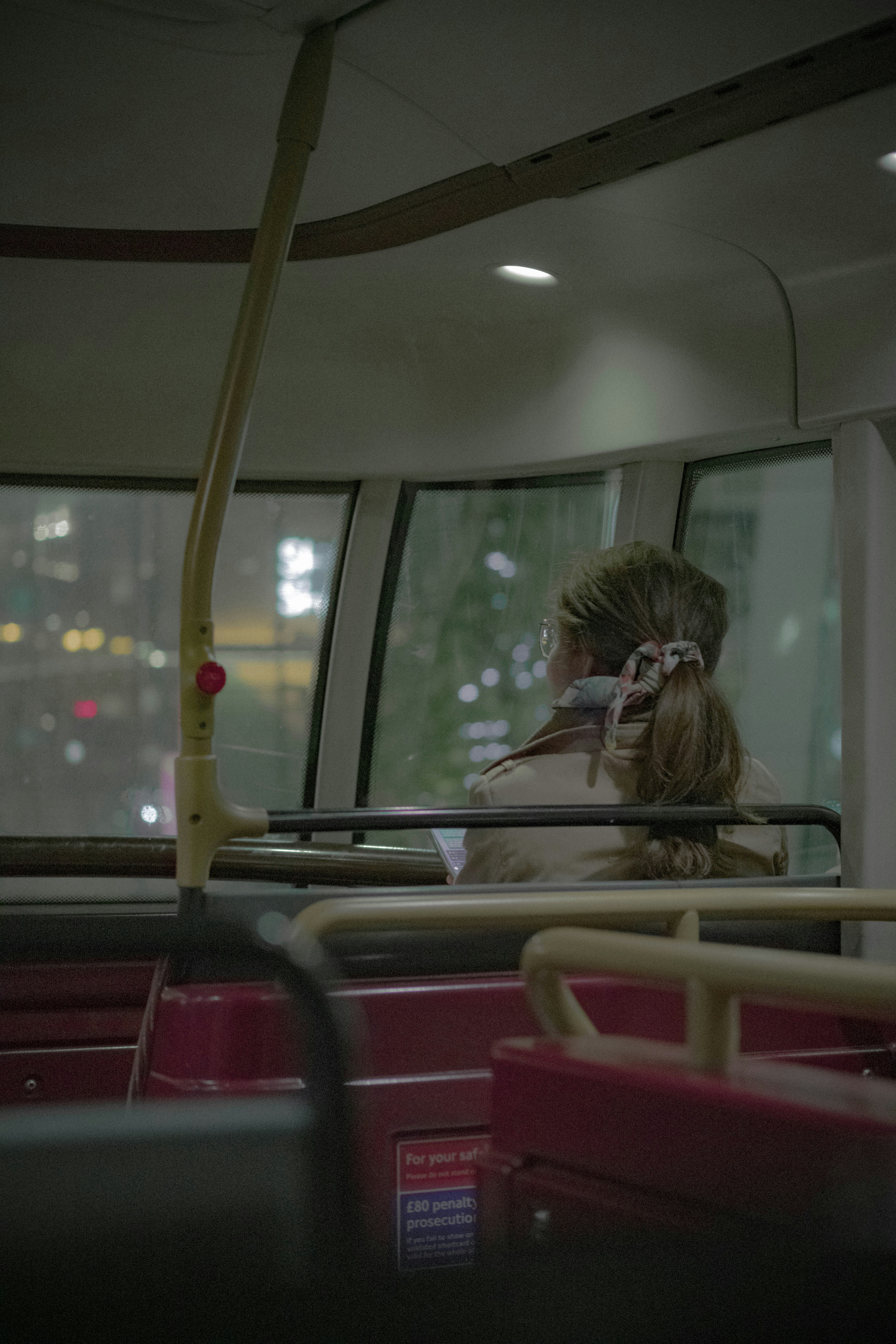 Rear-Seat Portrait: City Lights Through a Night Bus Window