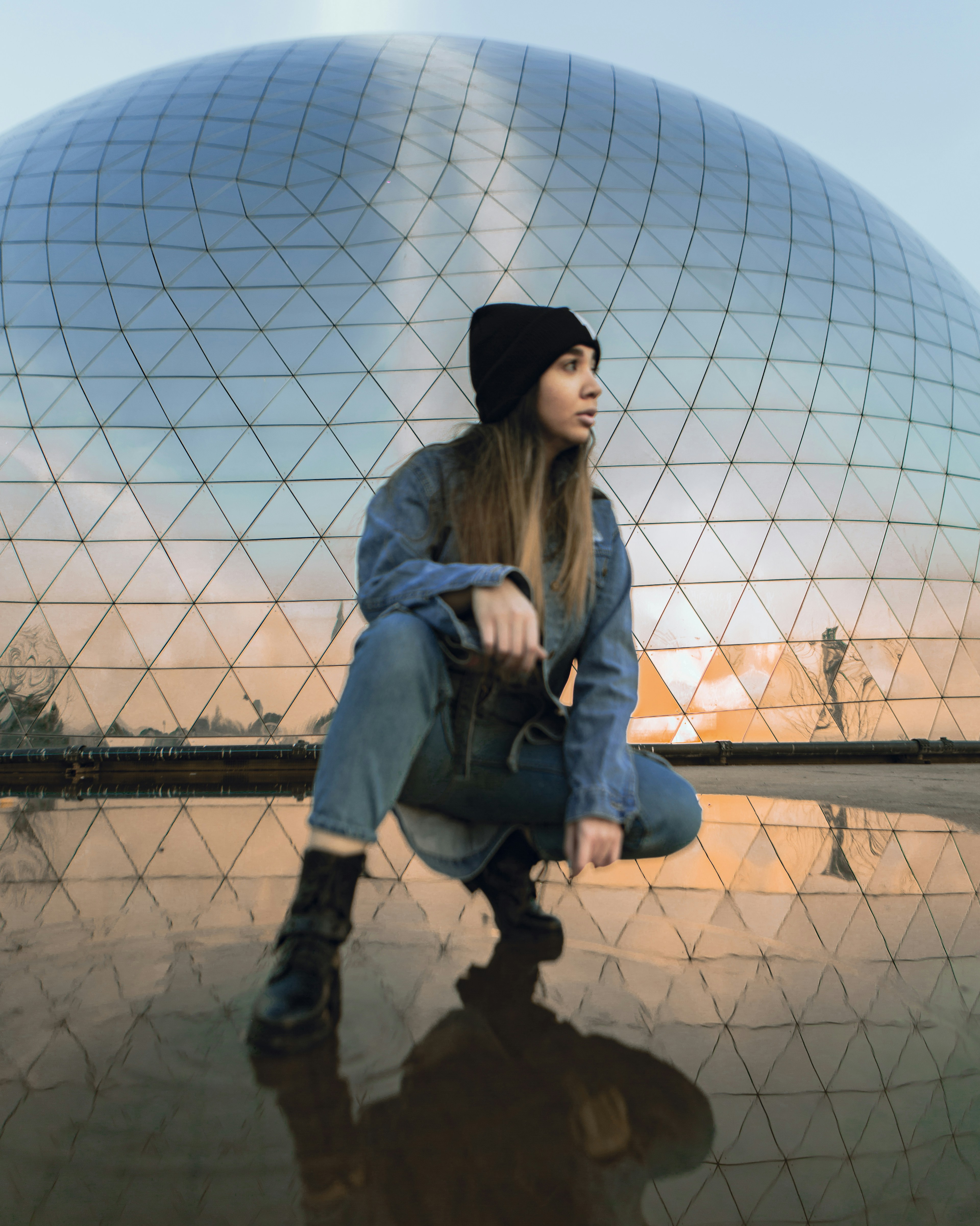 Echo in Glass: A Denim Silhouette Before the Faceted Geodesic Dome