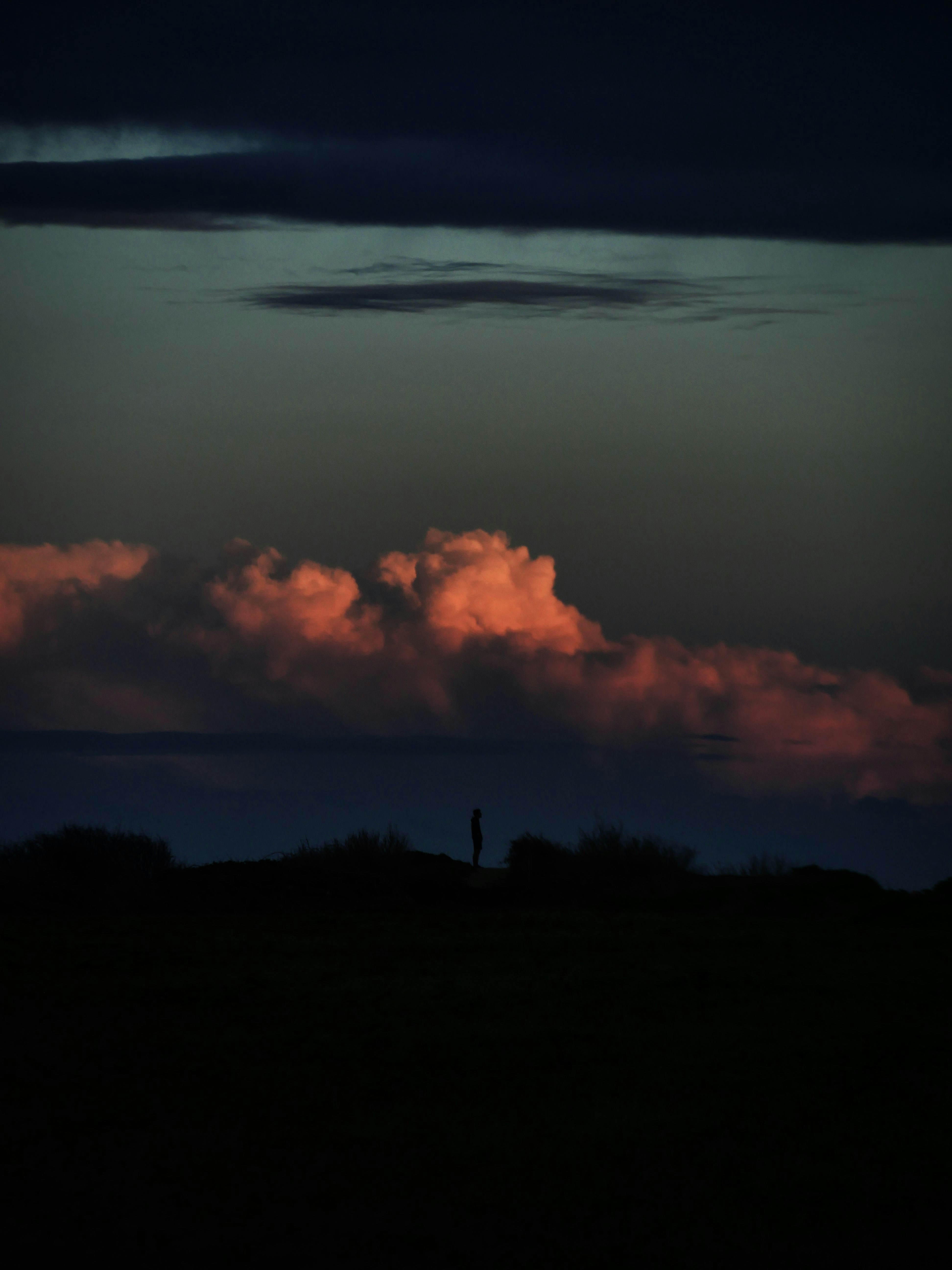 Silhouette at Dusk: A Lone Figure Beneath Coral Clouds