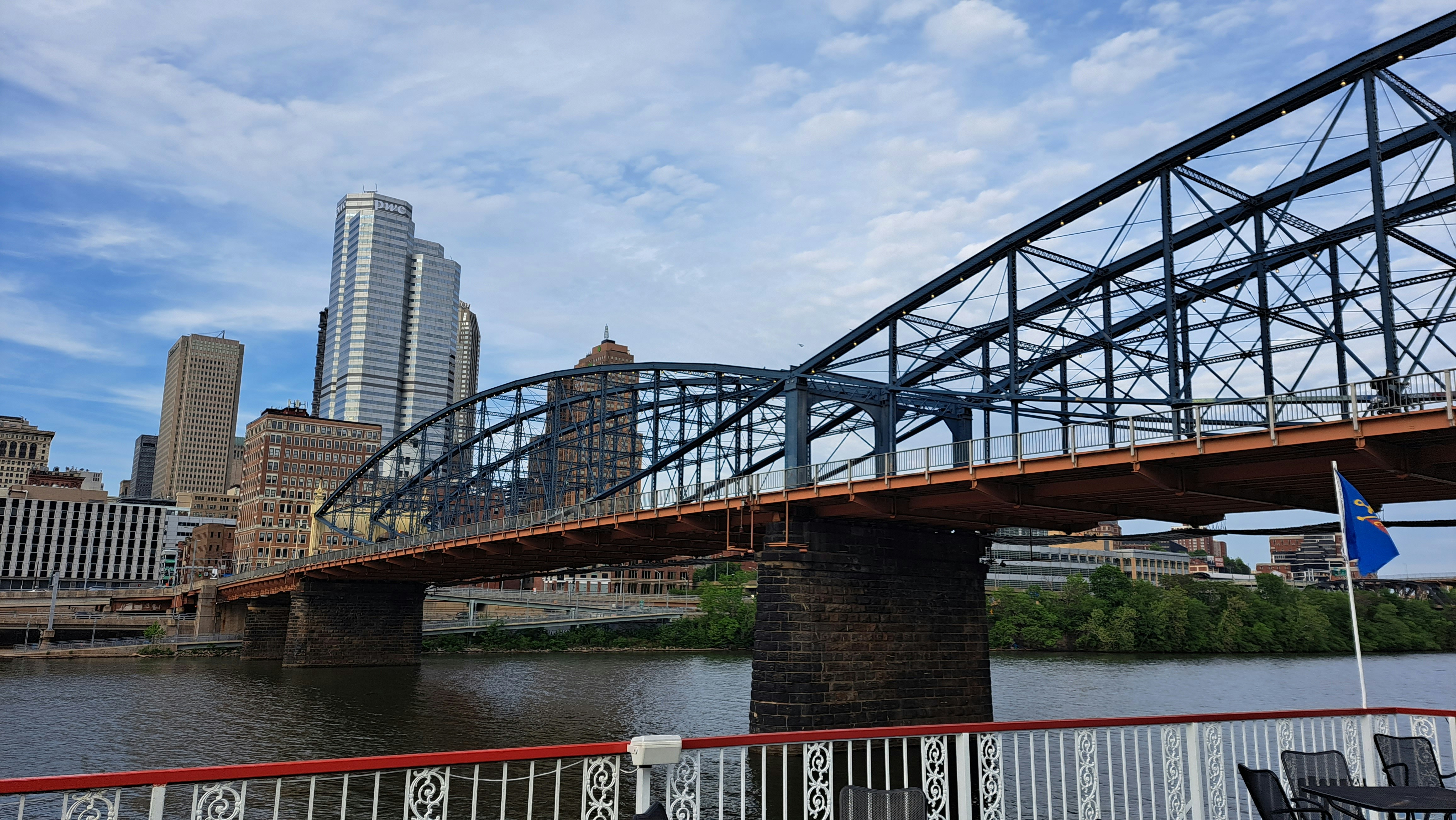 City Bridge Over Brown Water: Steel Grid and Skyline