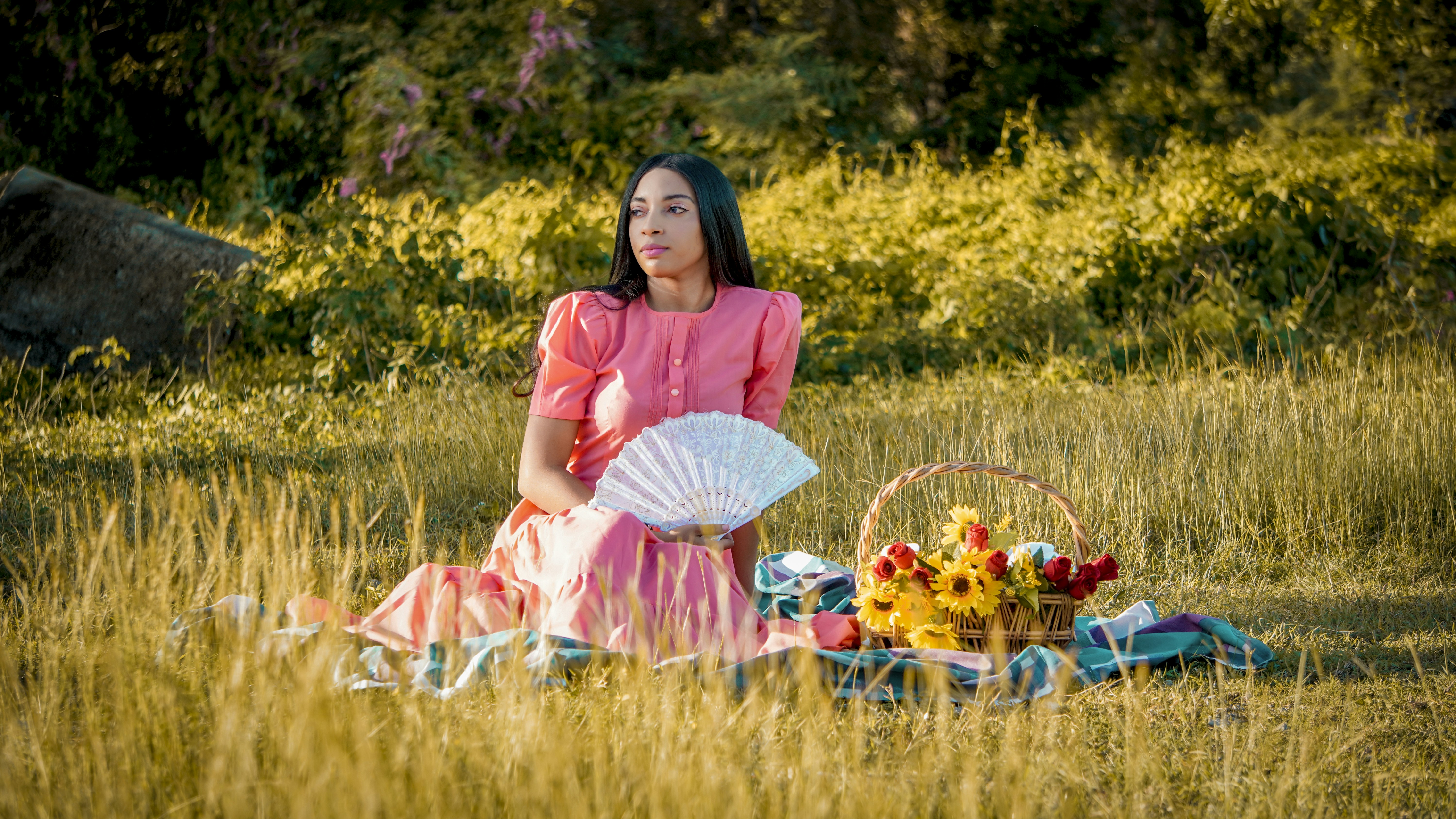 A woman sitting in a field with a basket of flowers photo – Free Dress ...