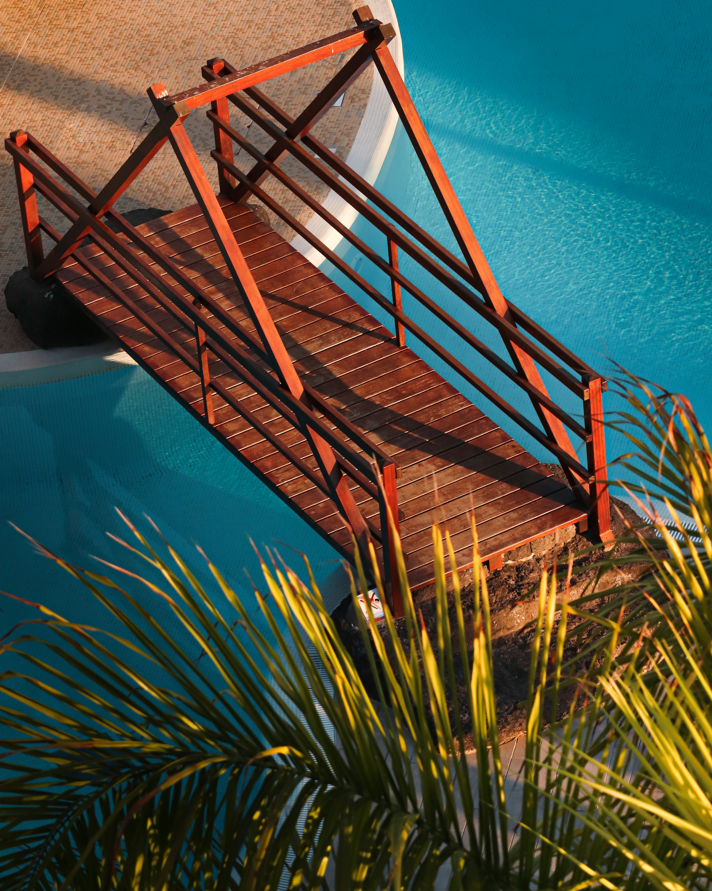 Crimson Diagonal Bridge Across Turquoise Pool, Framed by Palm Fronds