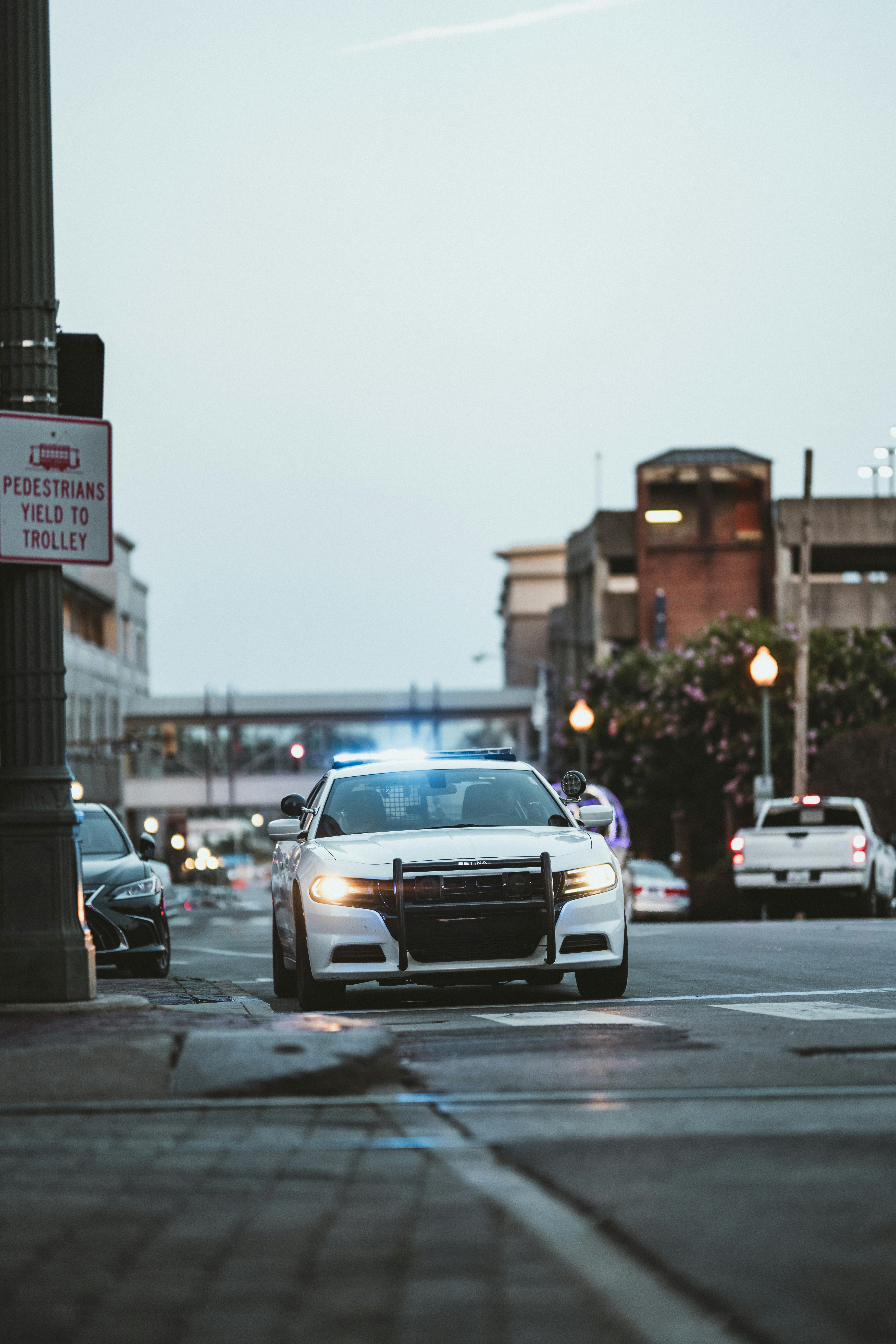 A police car driving down a city street photo – Free Chair Image on ...