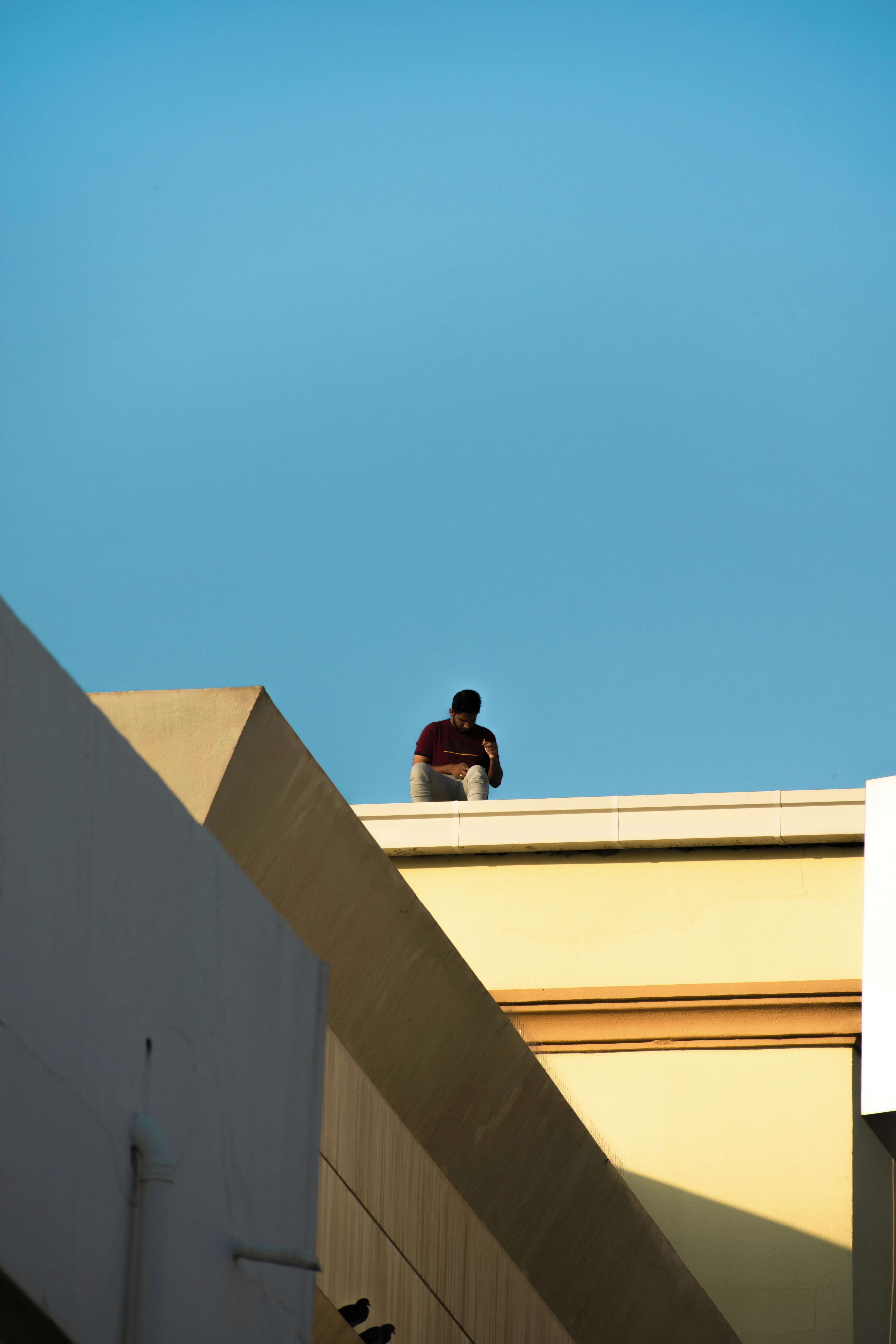 Edge of Quiet: A solitary figure perched atop a sunlit rooftop
