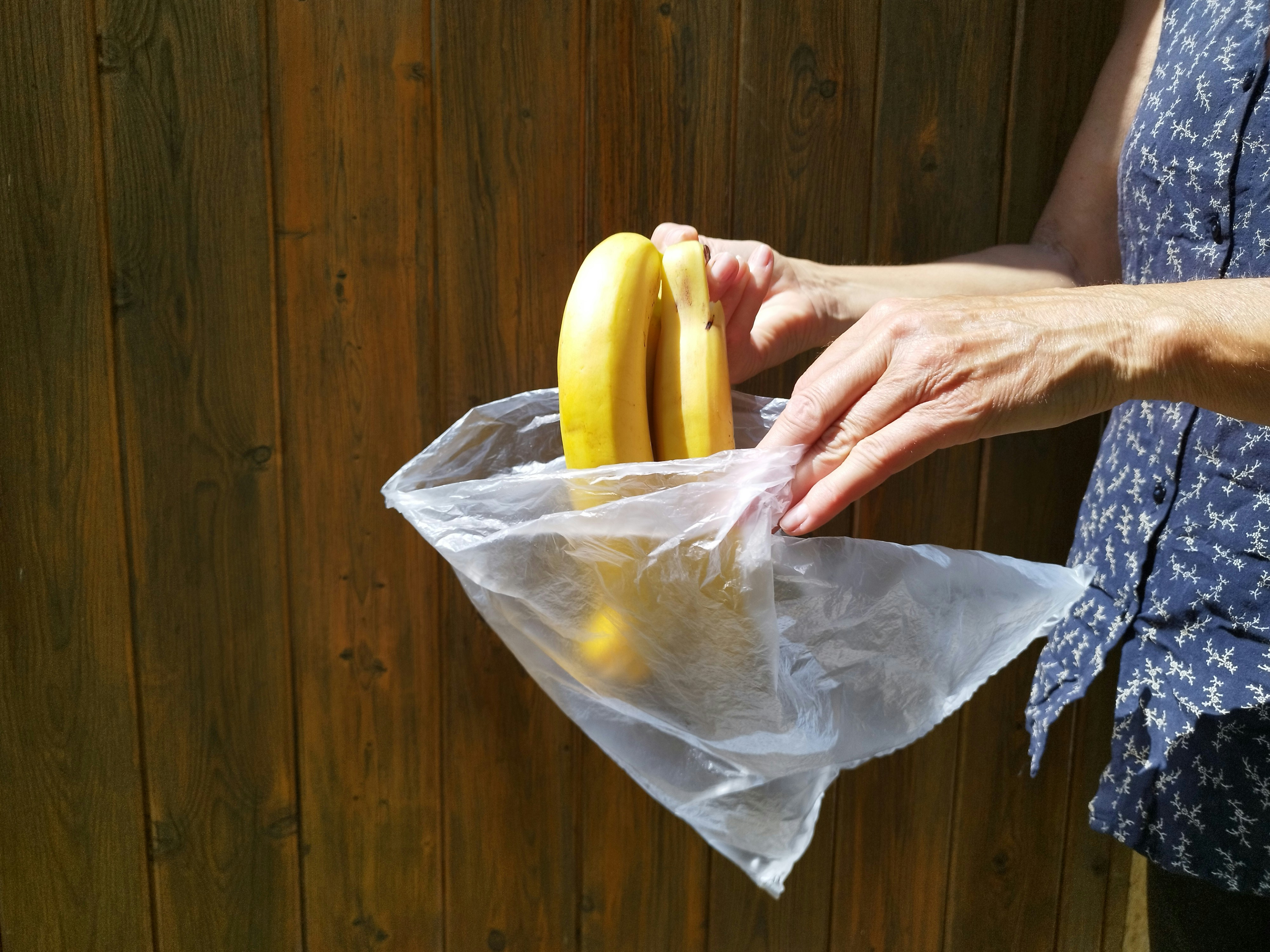 a person holding a plastic bag with bananas in it