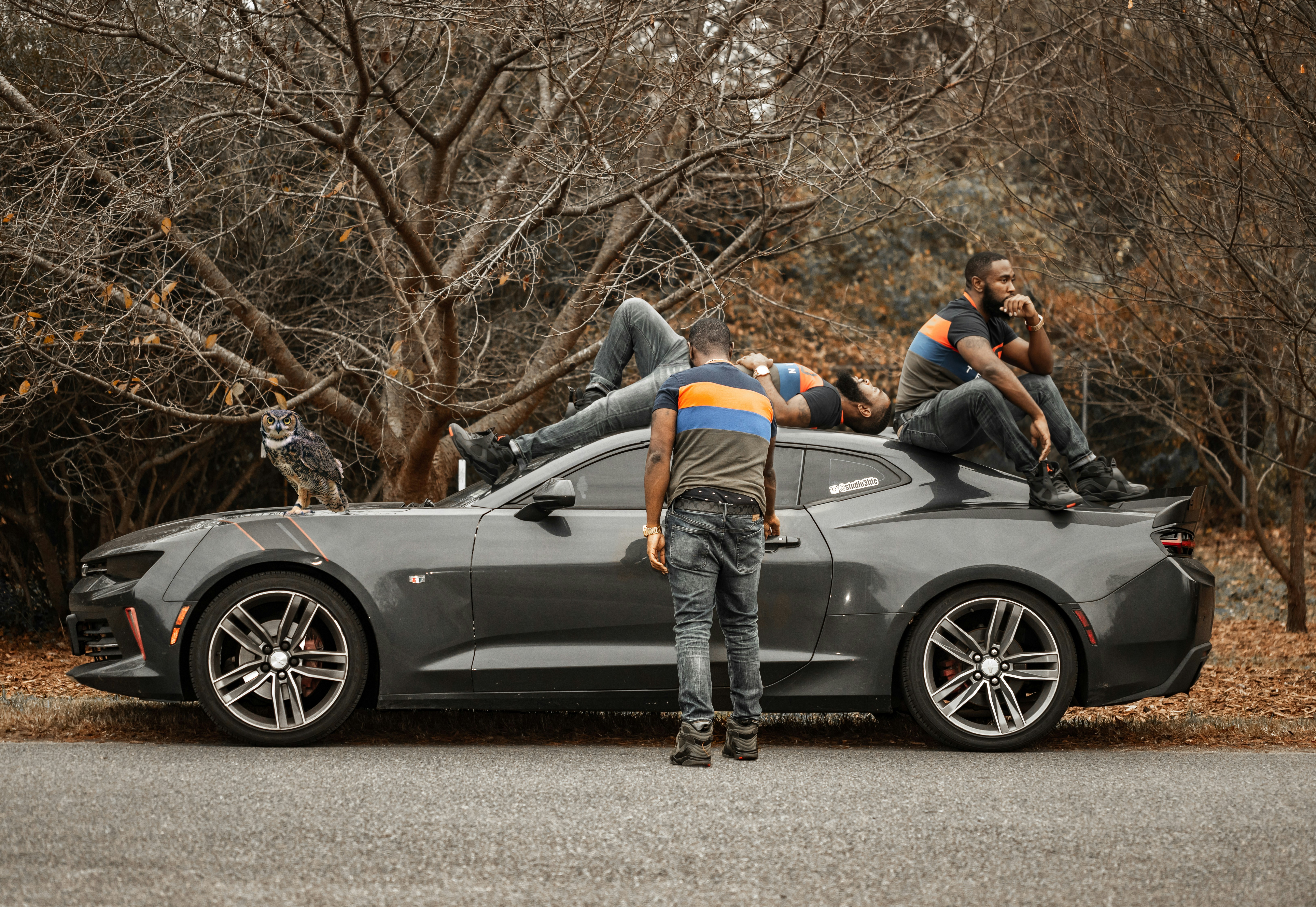 Foto Un grupo de personas sentadas encima de un coche – Imagen Fondo de ...