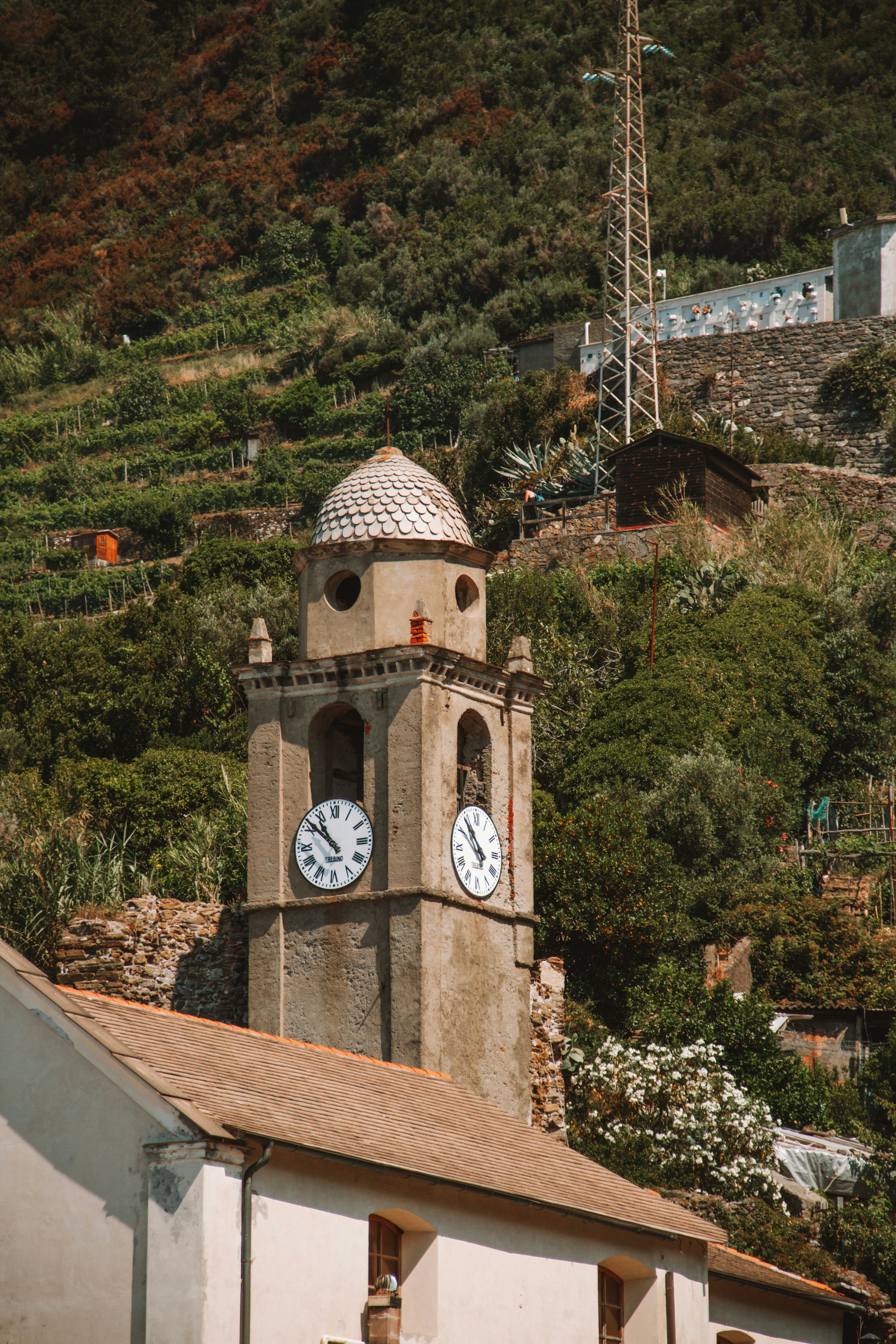 Terraced Timekeeper: twin-faced clock tower on a sun-dappled hillside