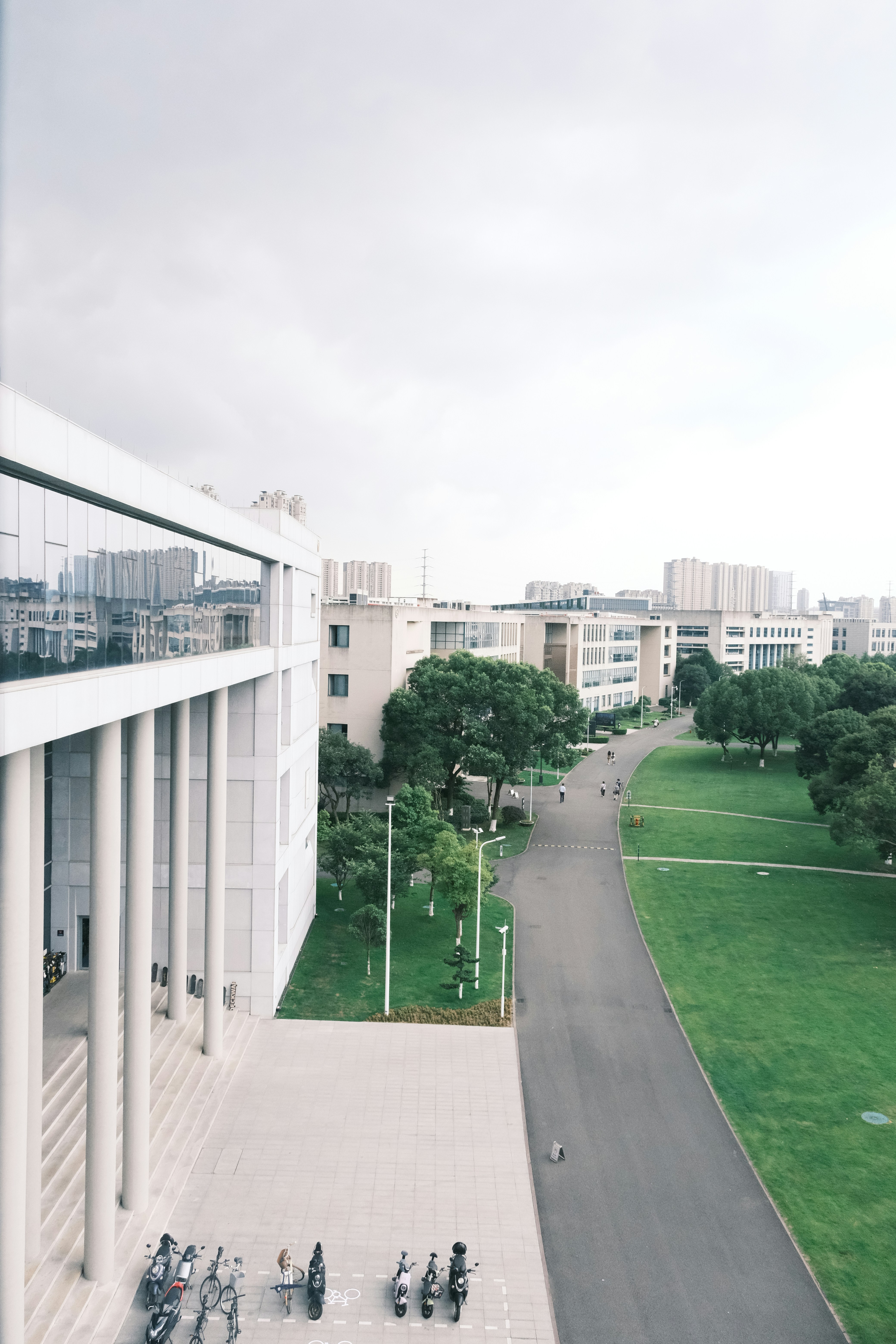 Glass-and-Green Axis: A Campus Path Framed by Modern Architecture