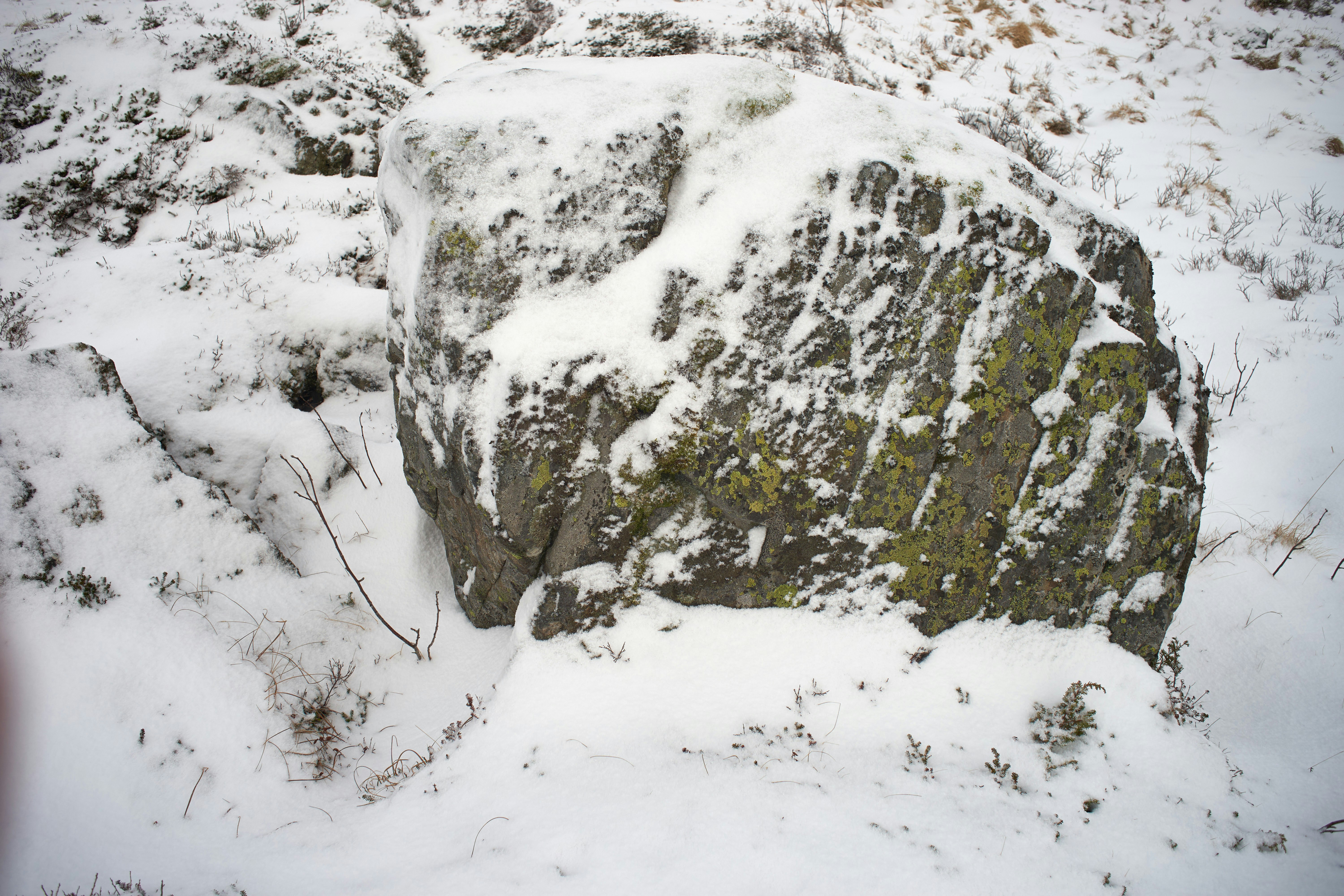 A large rock covered in snow in a field photo – Free Rock Image on Unsplash