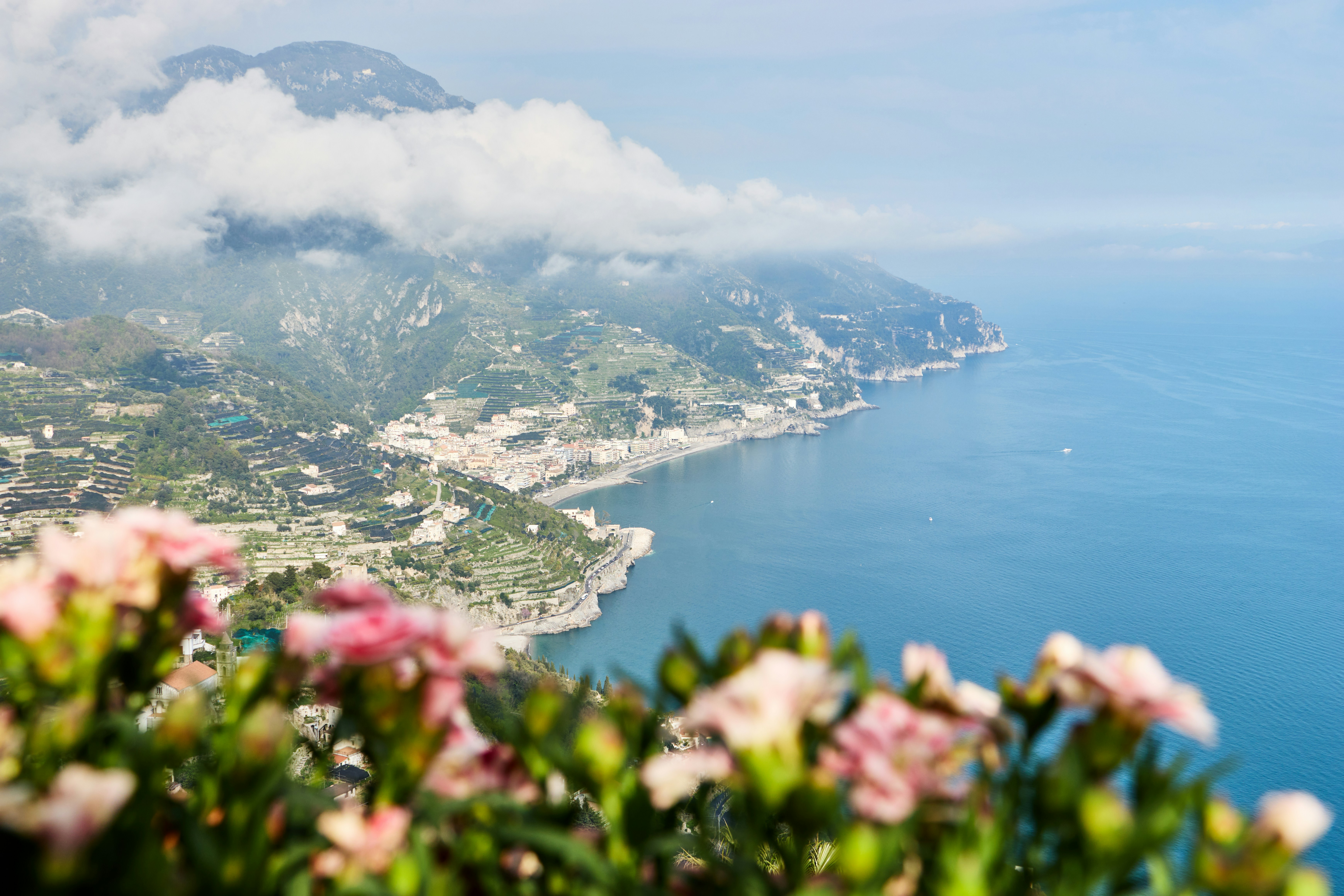 Pink flowers in the foreground with a sweeping view of the Amalfi Coast under a partly cloudy sky.