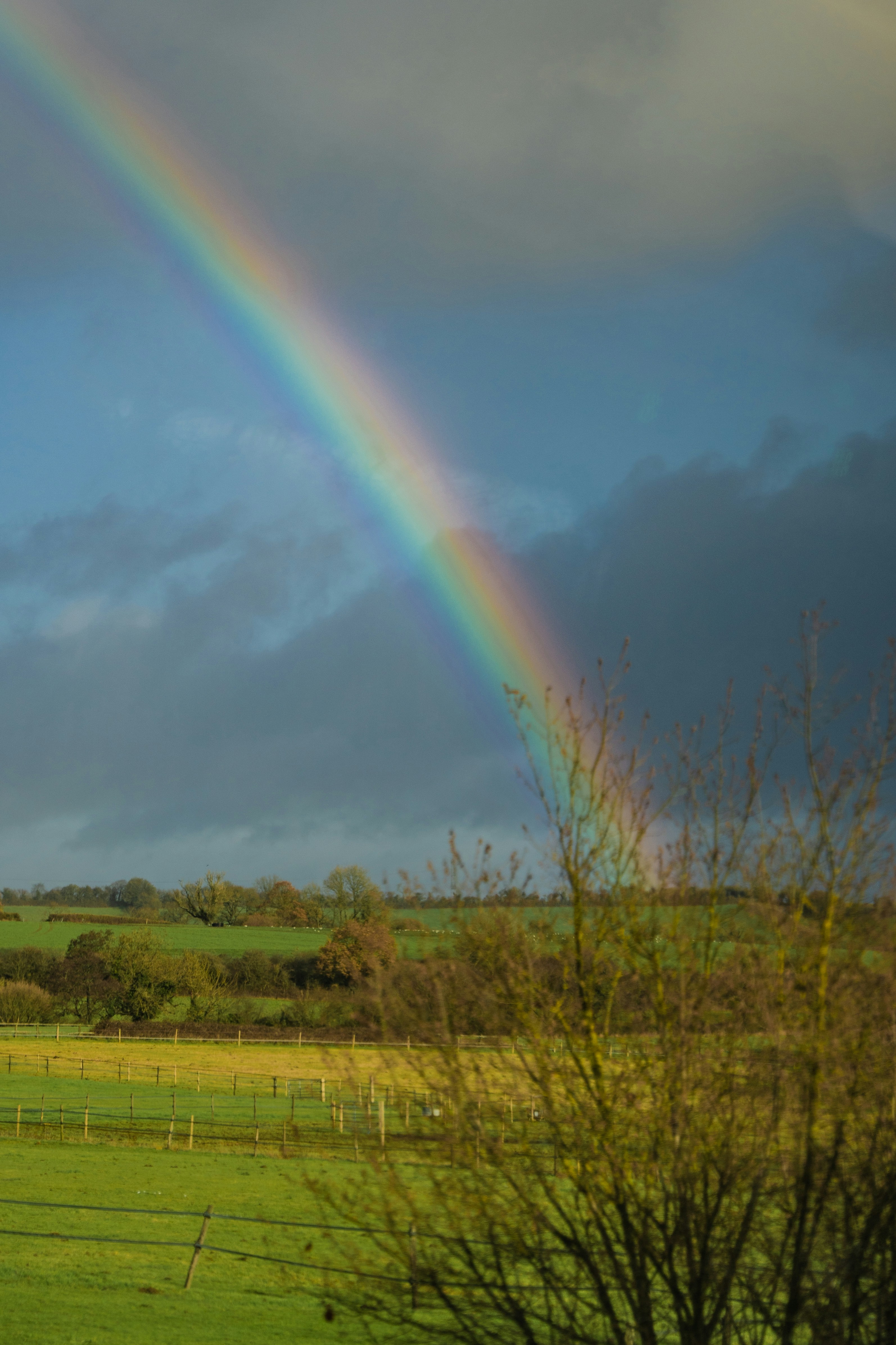 Twin Rainbows Over a Sunlit Rural Field with Fenced Pastures