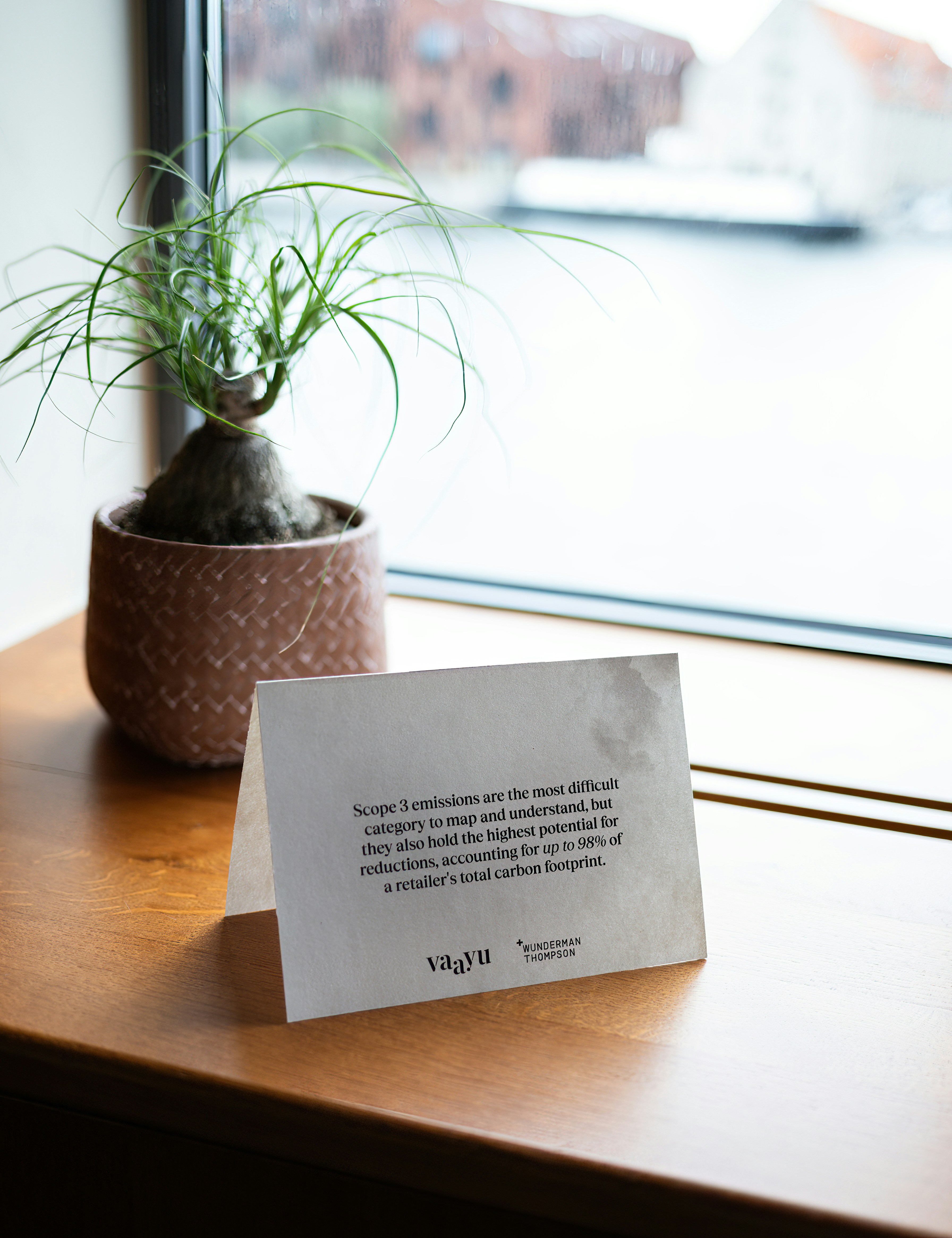 A Quiet Moment: Card on a Wood Desk with a Potted Plant by a Window