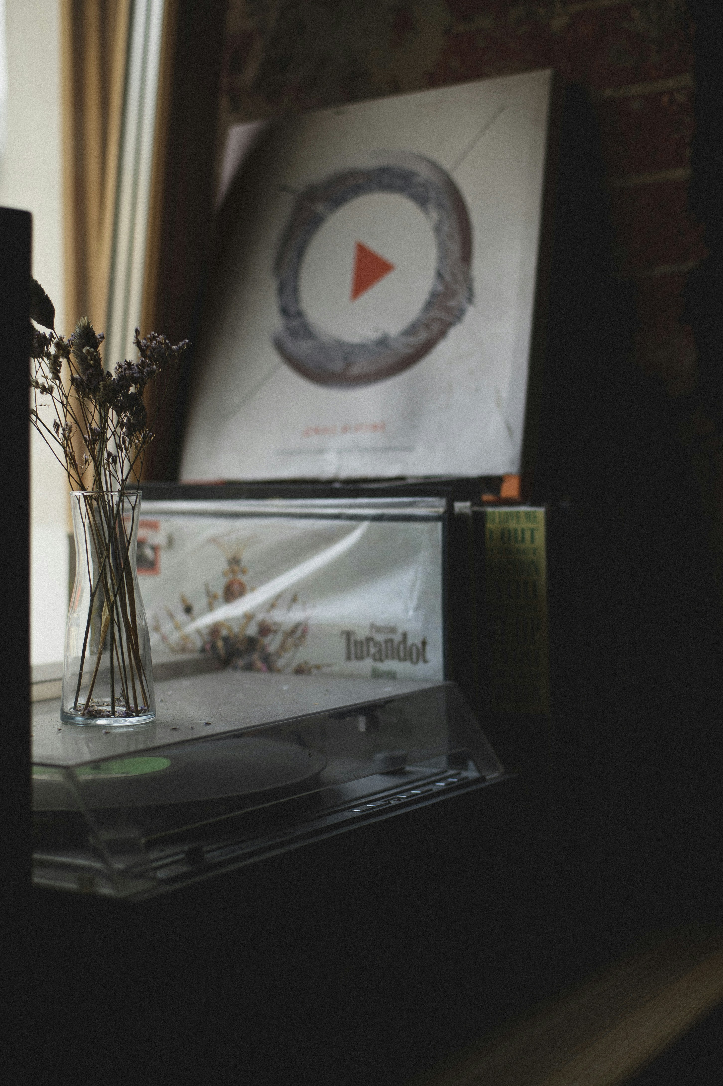 Record Shelf Reverie: A Quiet Corner with Vinyl and a Glowing Play Button