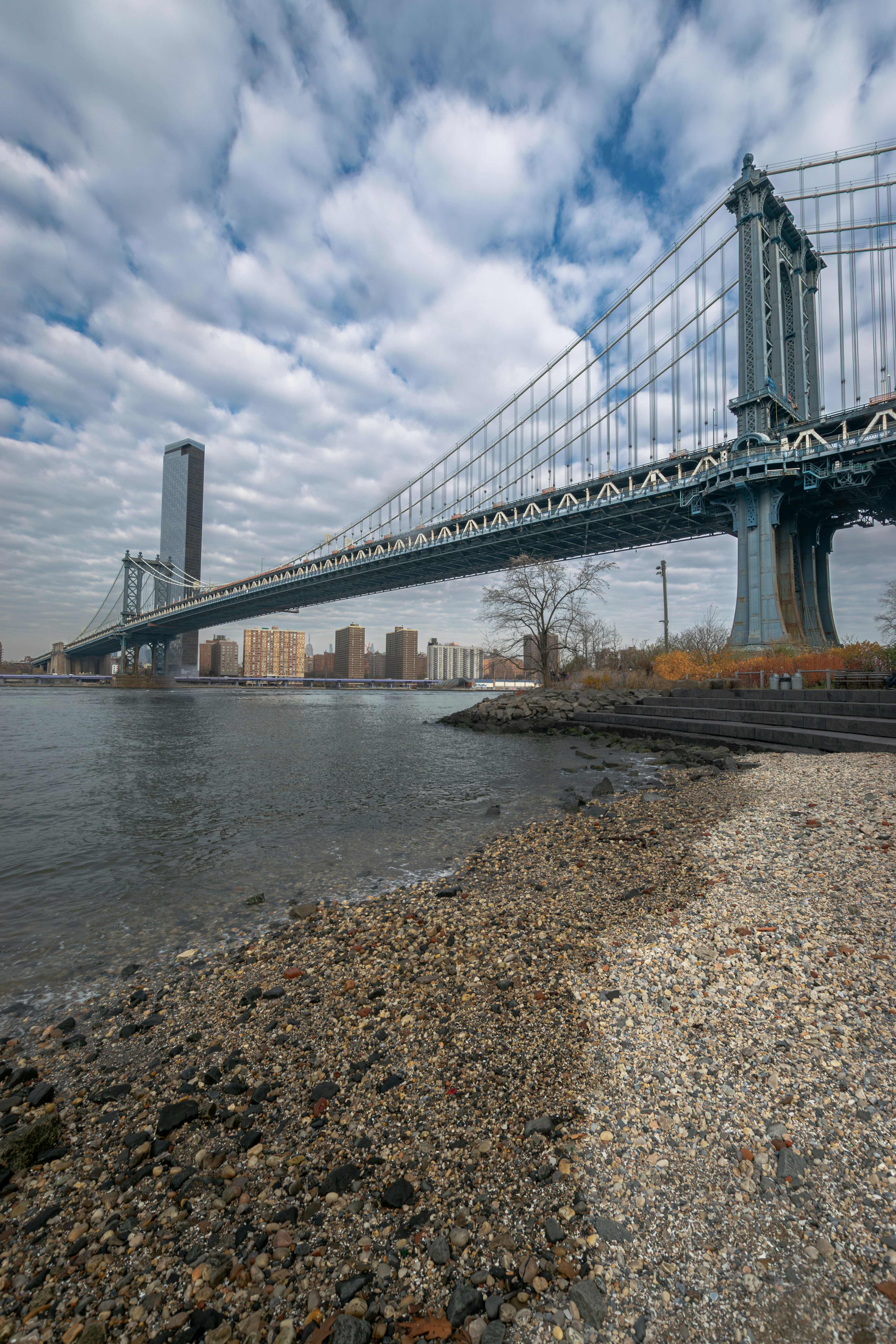 Blue Steel Over Water: Suspension Bridge Framing the City Shoreline