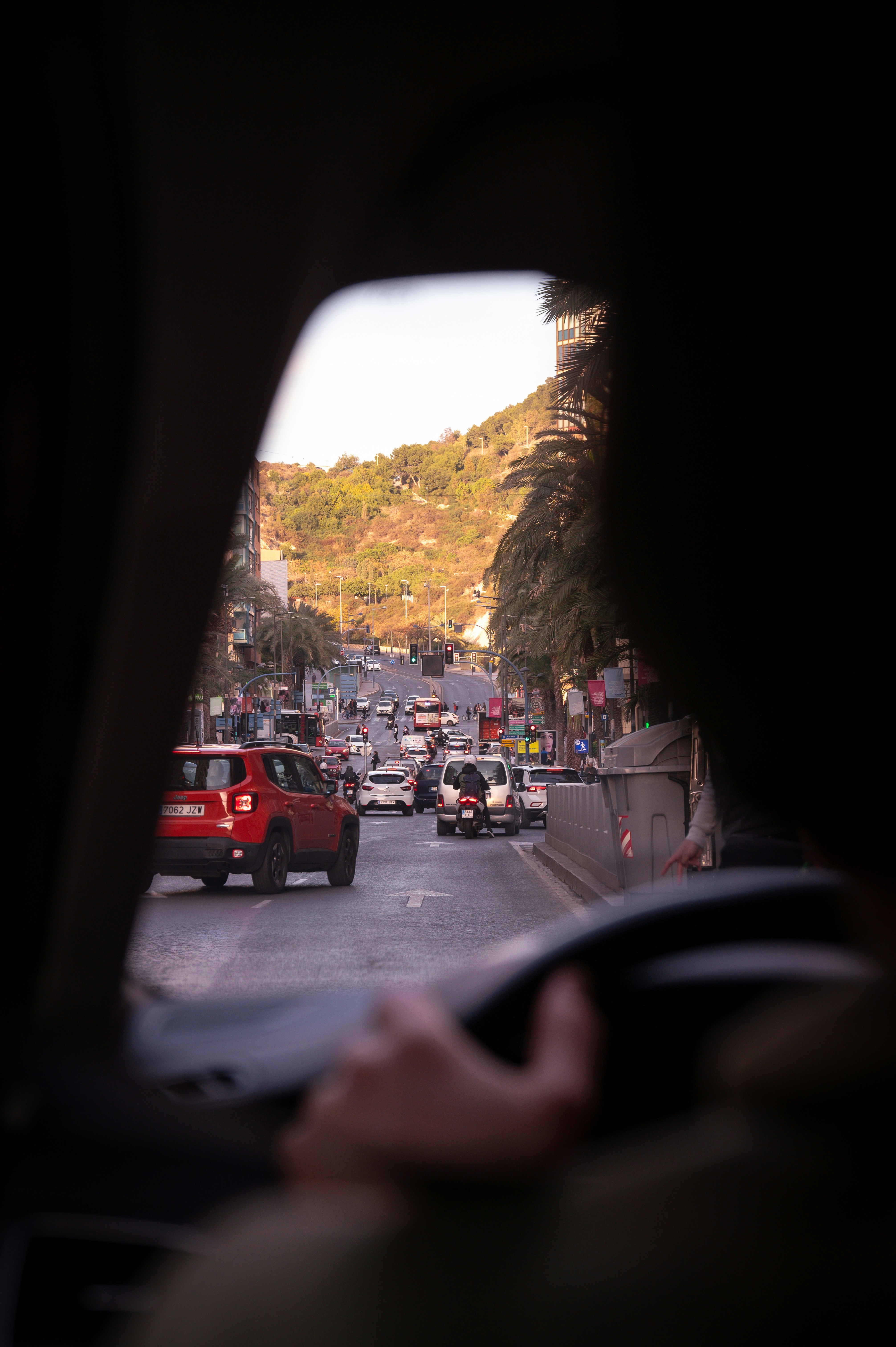 Through the Windshield: Dusk Traffic on a Palm-Fringed City Street