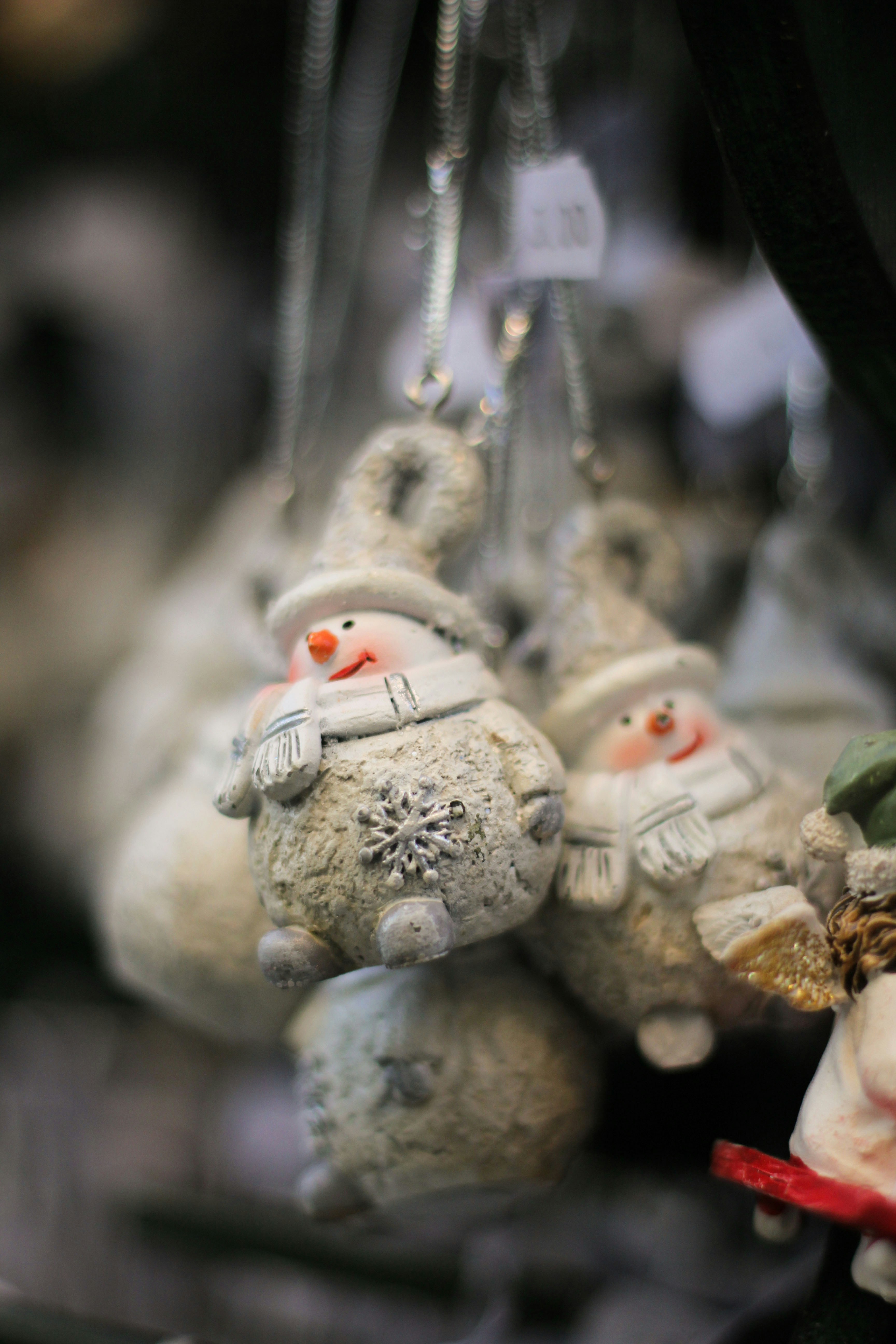 Frosted Charms: Snowman Ornaments in Soft Focus