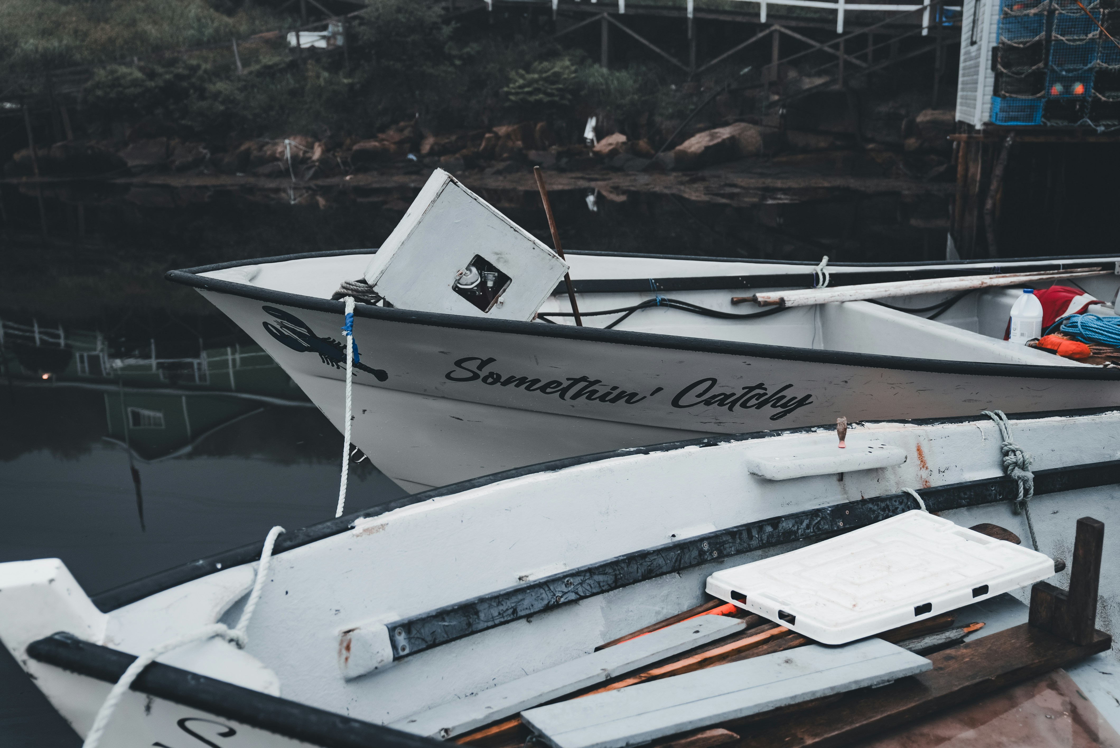 Wharfed Tranquility: A Row of White Boats in a Still Harbor