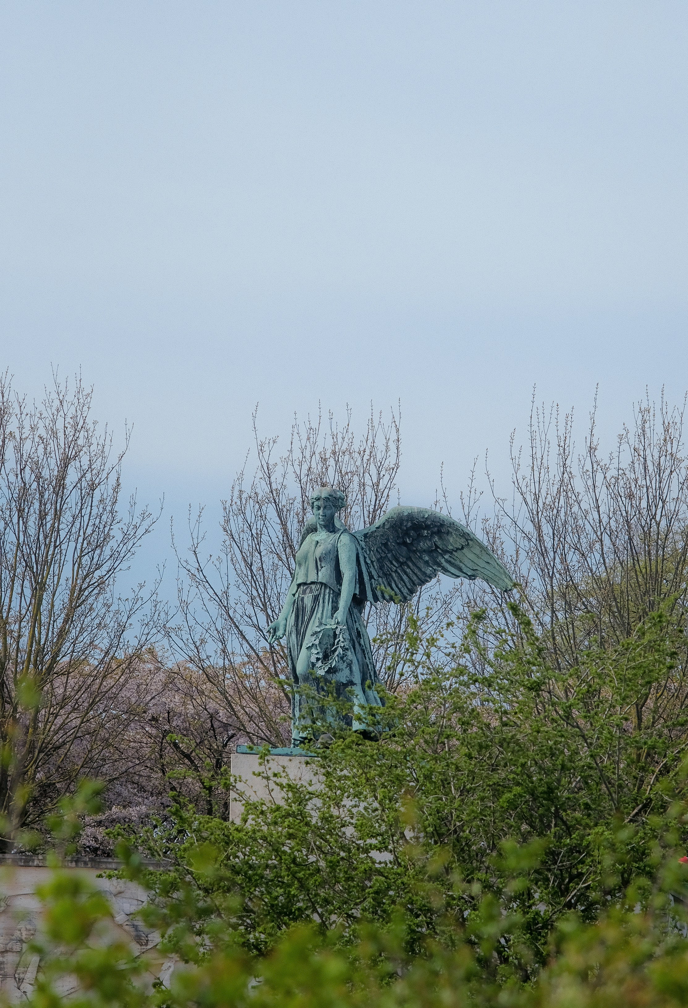 Bronze Angel in a Quiet Park: Wings Against a Pale Spring Sky