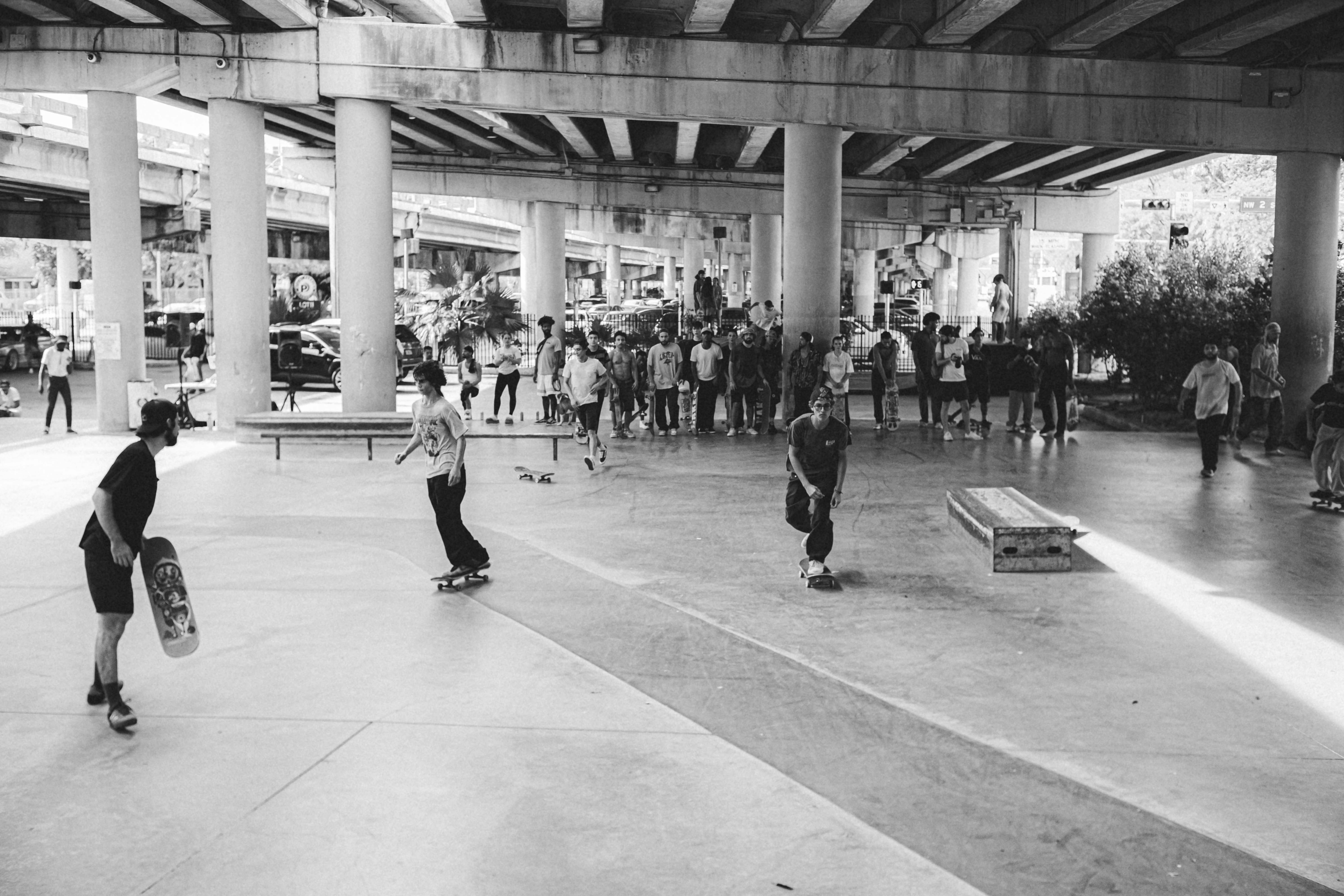 A group of people riding skateboards under a bridge photo – Free Image ...