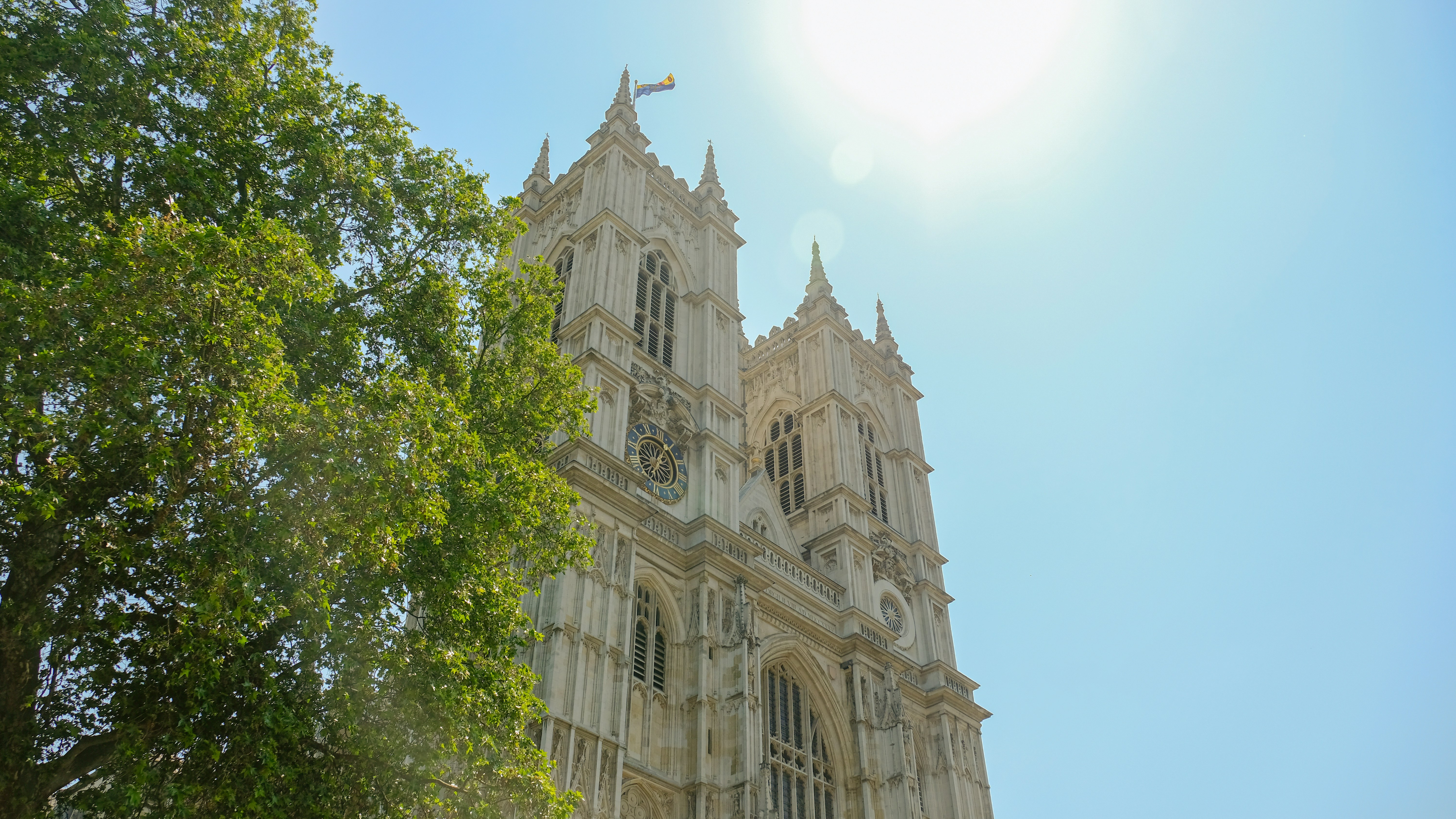 Imposing Gothic architecture of a historic building framed by vibrant green foliage against a clear blue sky. The sunlight creates a dramatic effect on the structure.