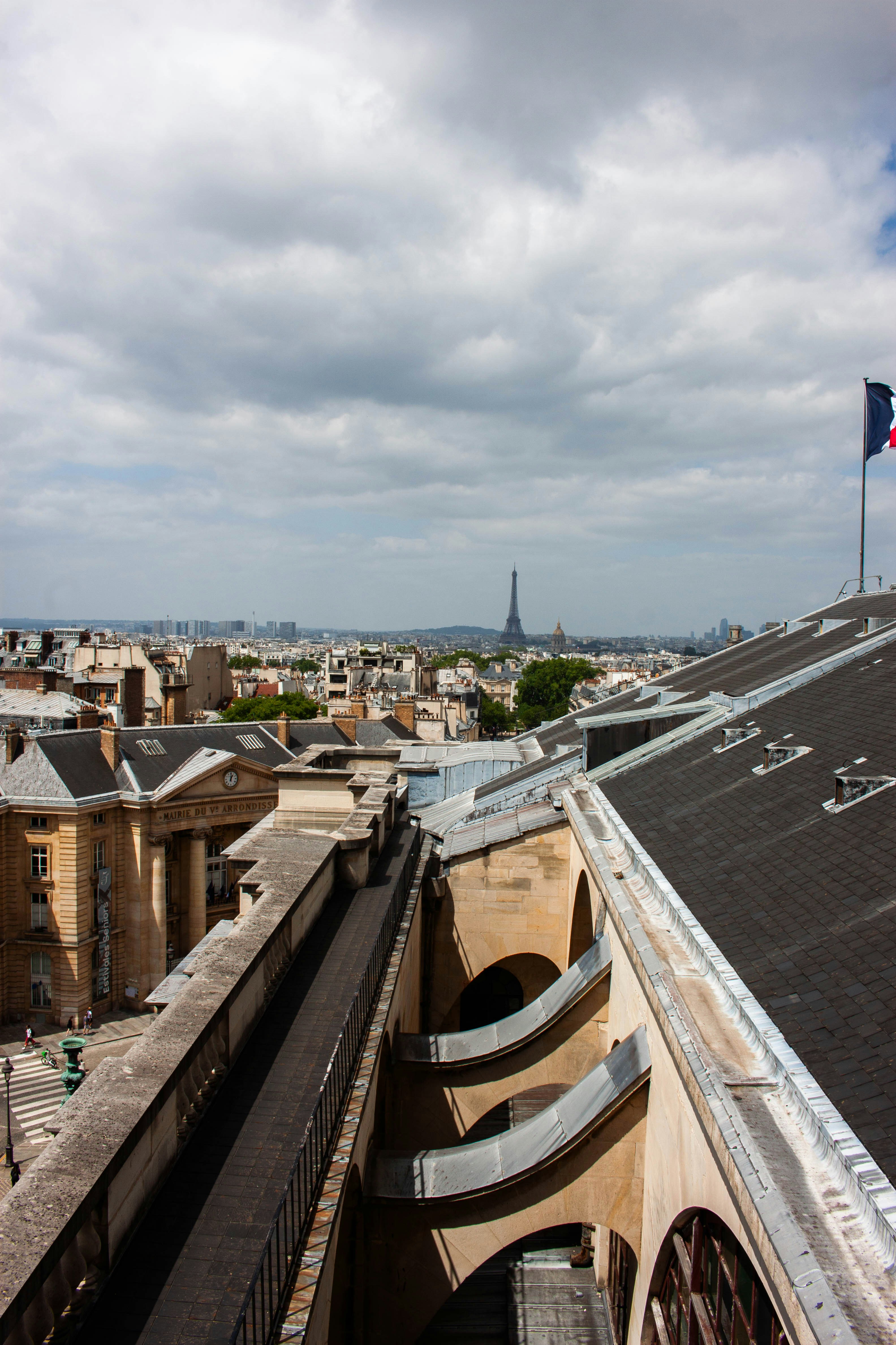 Rooftop Rails Framing the Eiffel Tower on the Paris Horizon