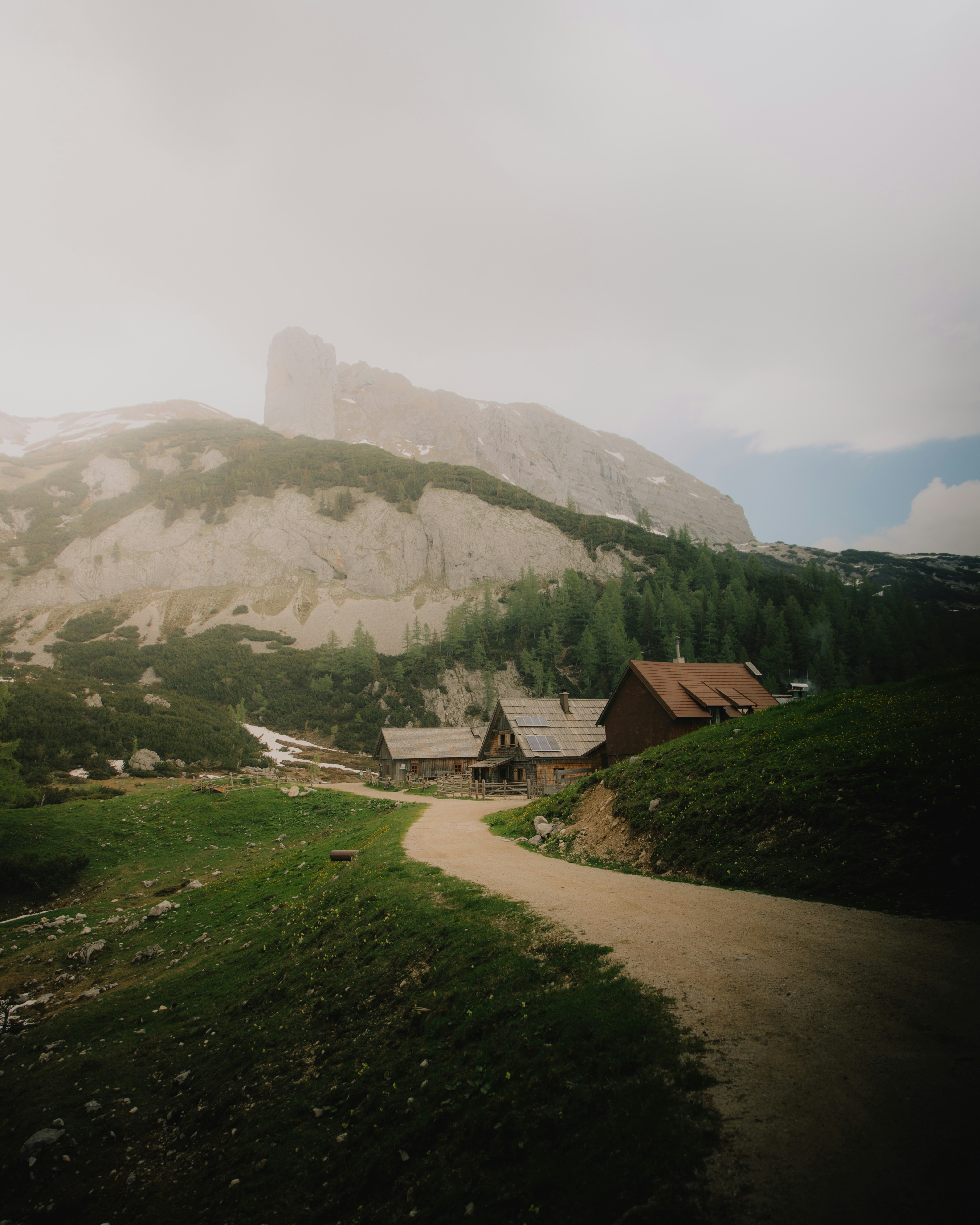 Winding Alpine Path to a Quiet Cabin Cluster