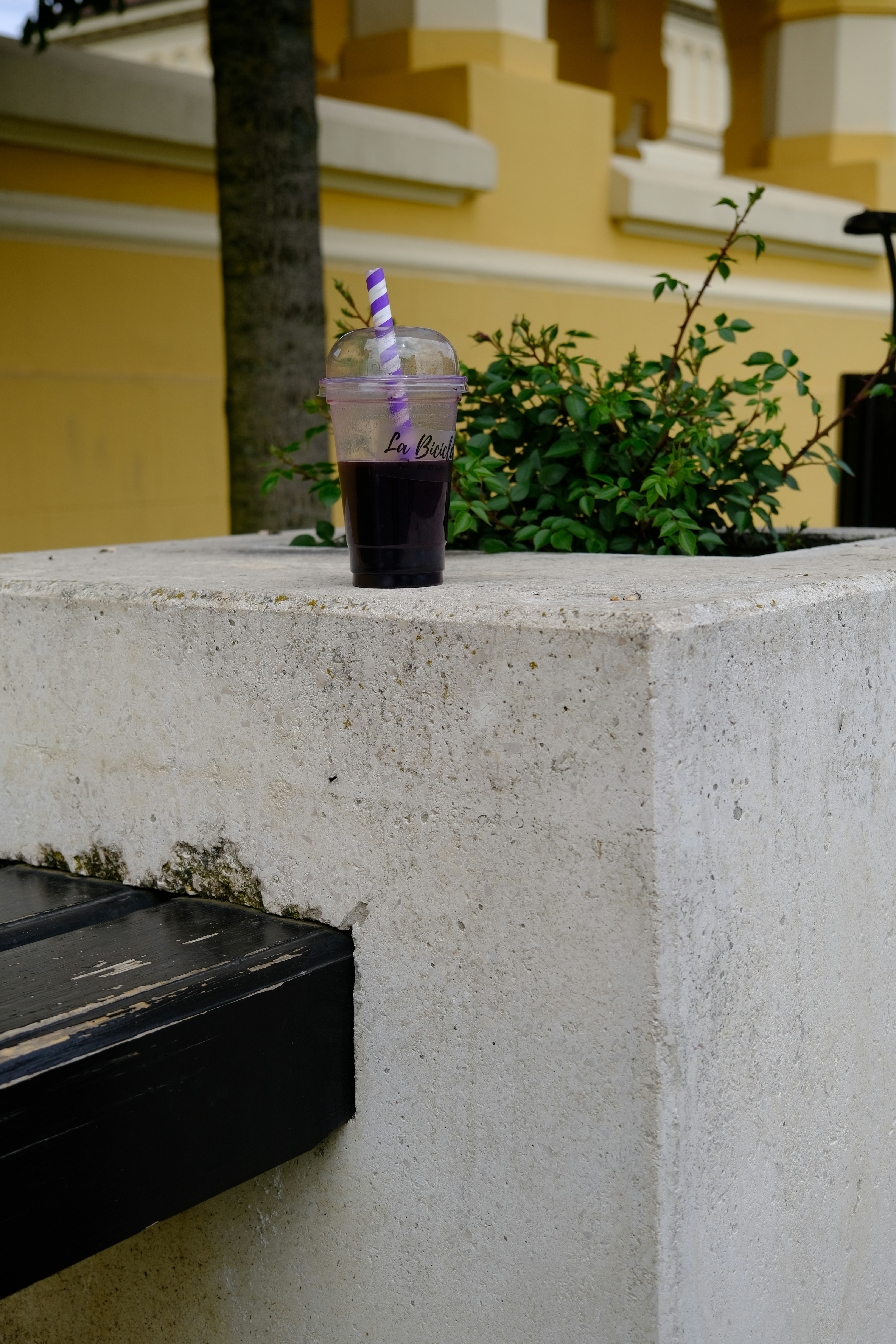 Purple-Straw Refresher on a Sunlit Concrete Ledge with a Yellow Courtyard Backdrop