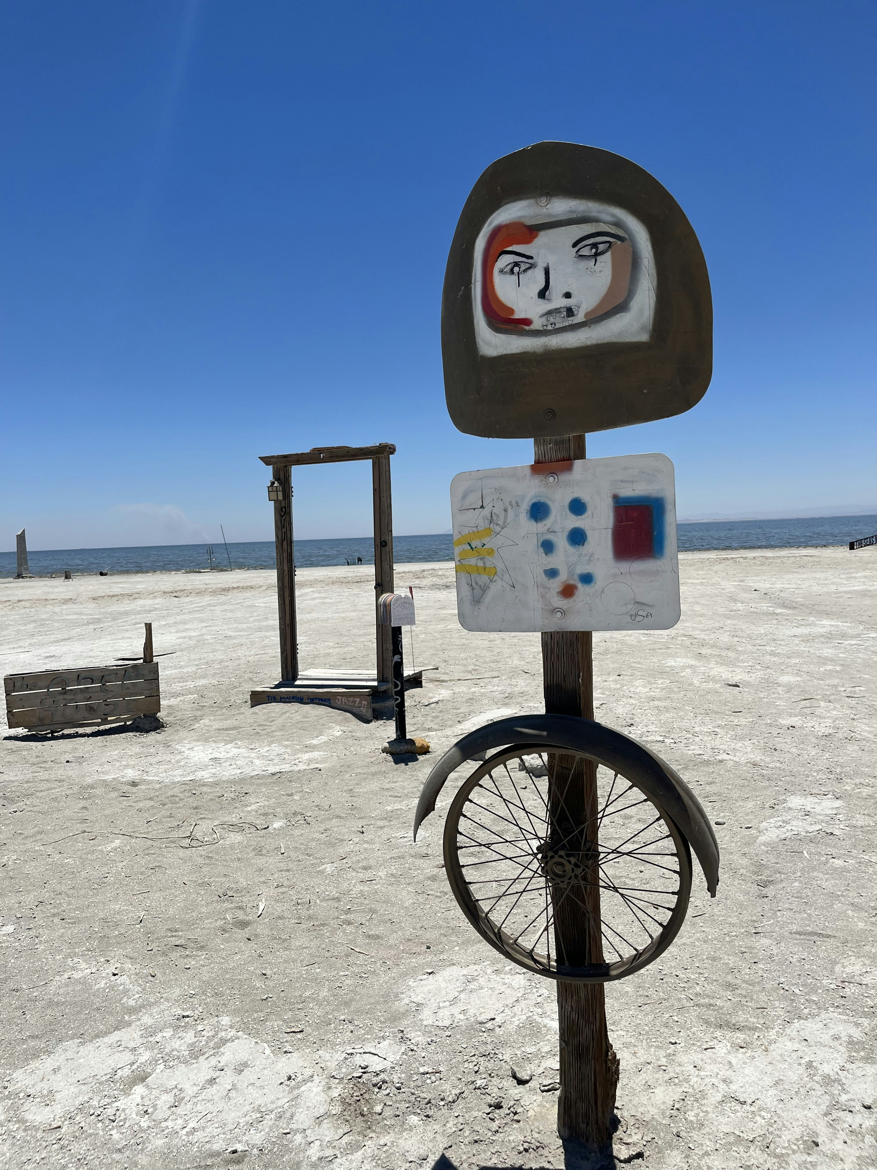 Sea-Side Sentinel: A Painted Face on a Weathered Beach Sign