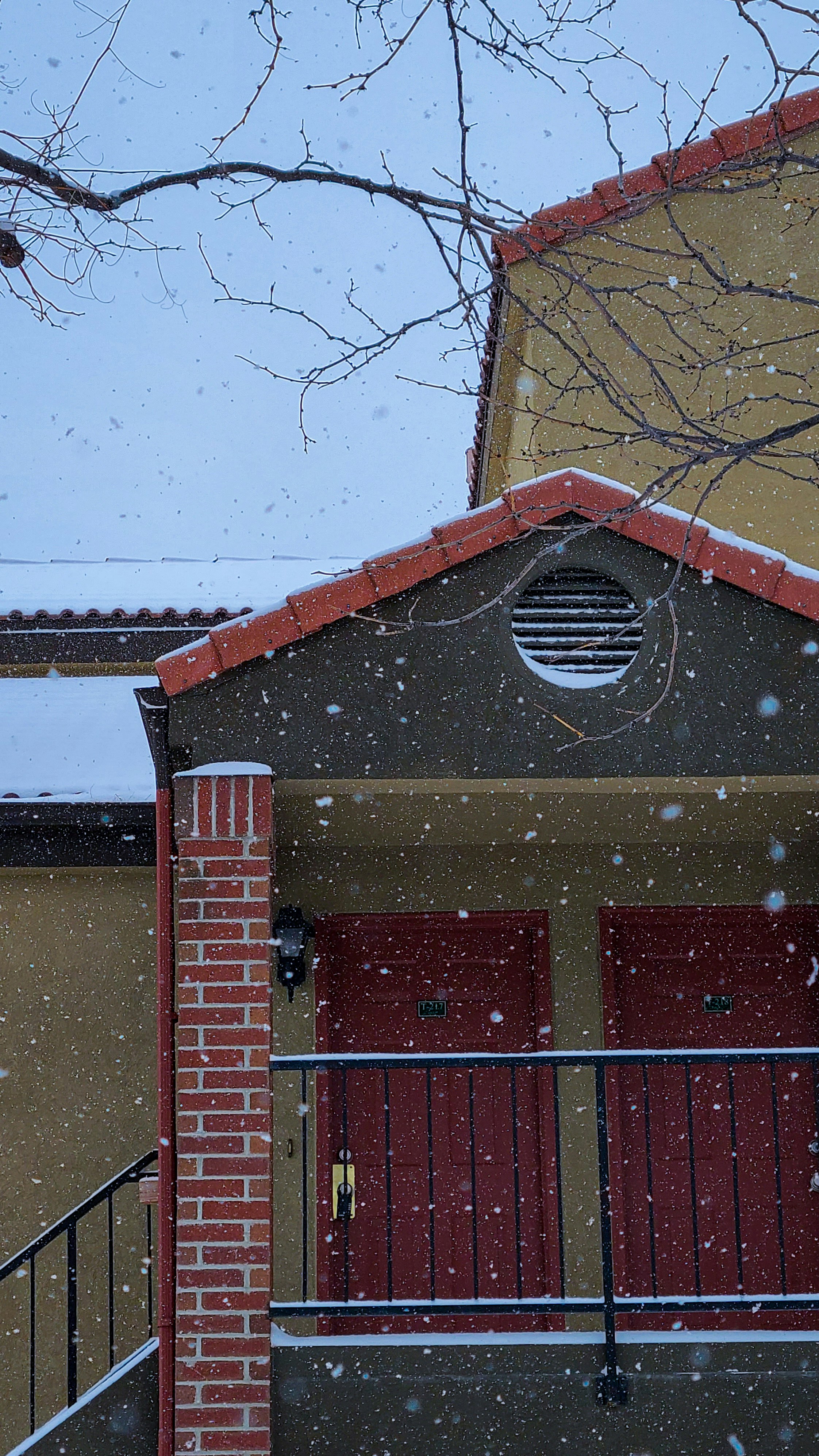 Snowfall on a Quiet Staircase Facade