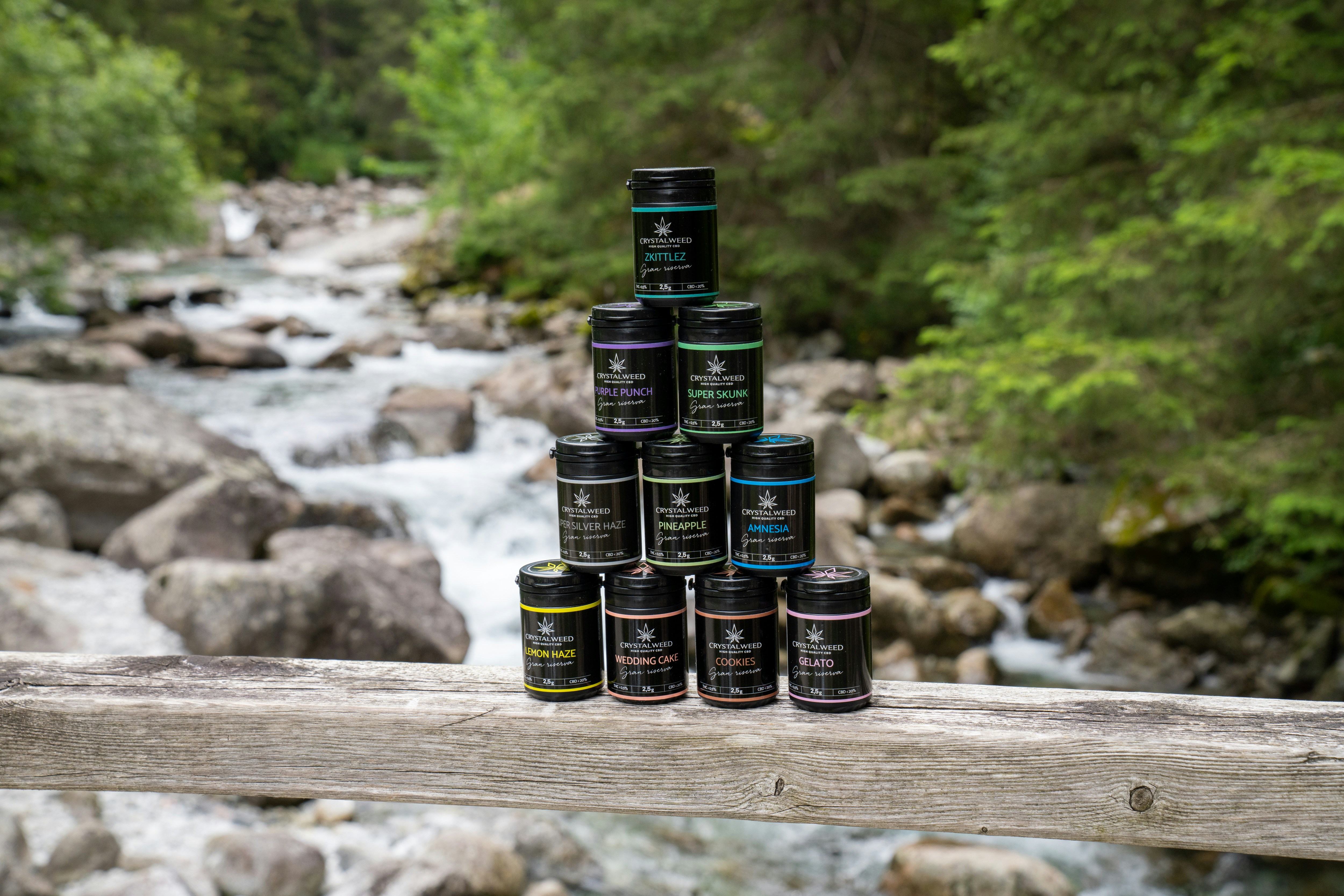 Riverside Pyramid: Wellness Jars on a Weathered Rail