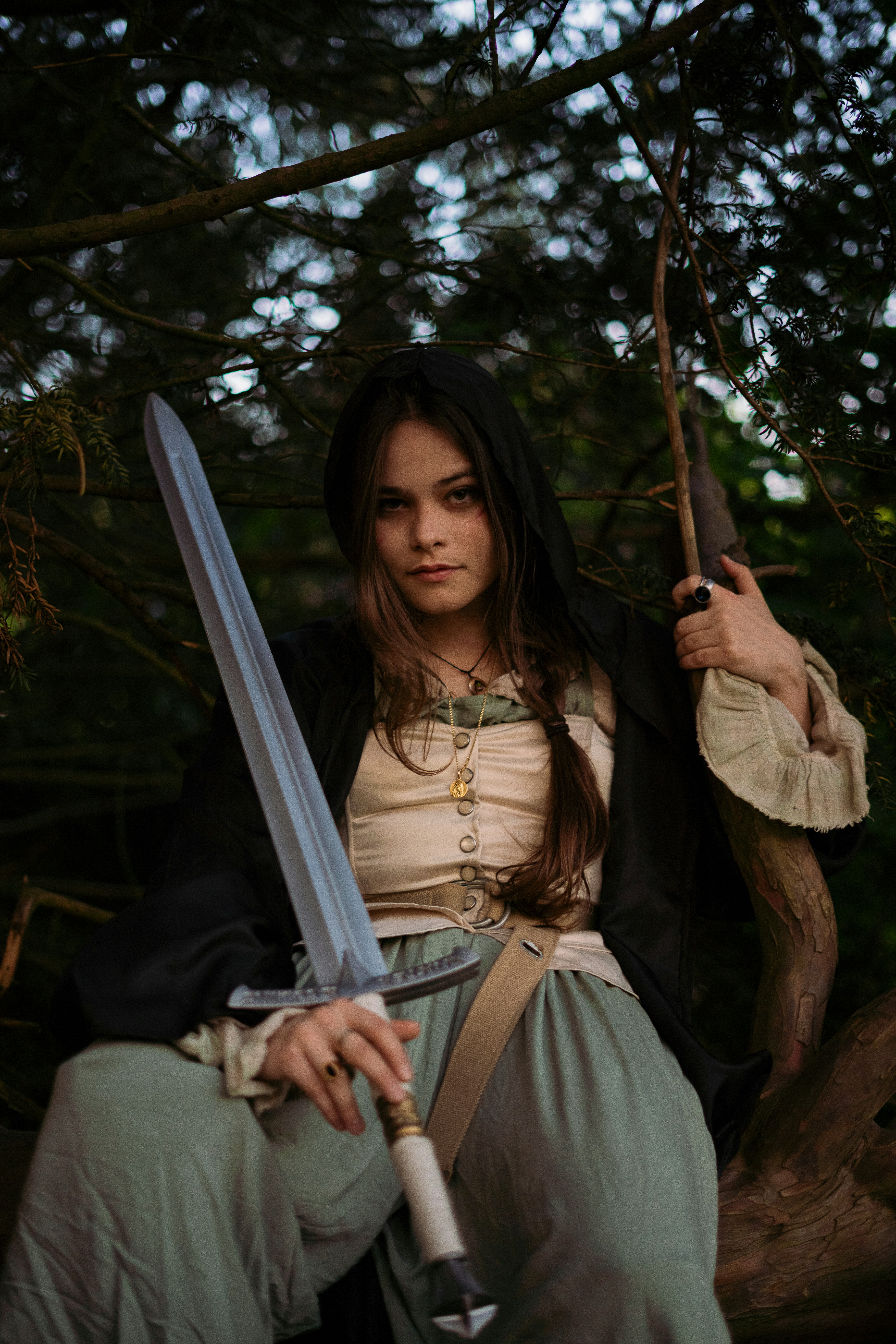 A woman sitting in a tree holding a sword photo – Free Sword Image on ...