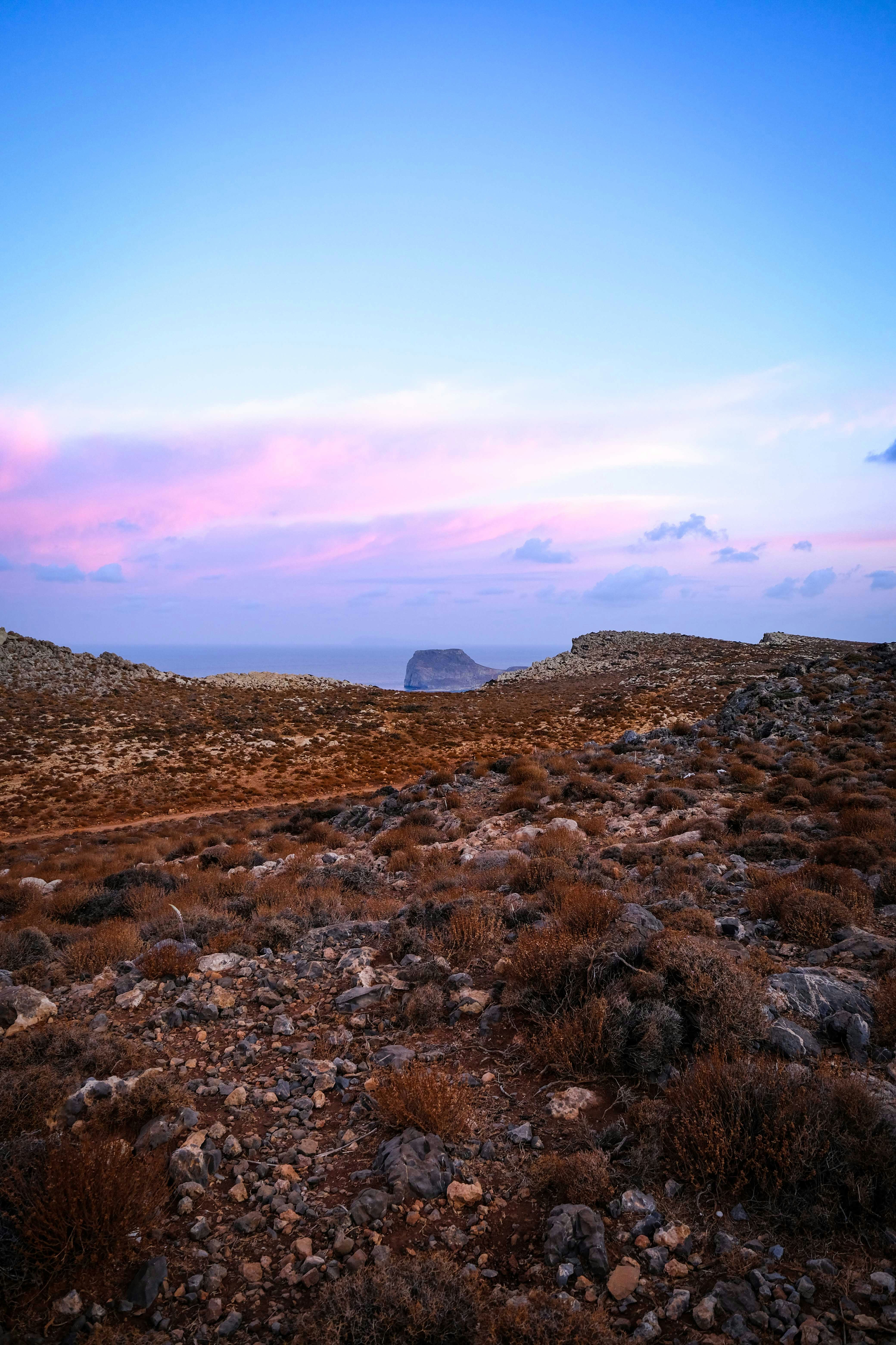 A field with rocks and grass and a mountain in the distance photo ...