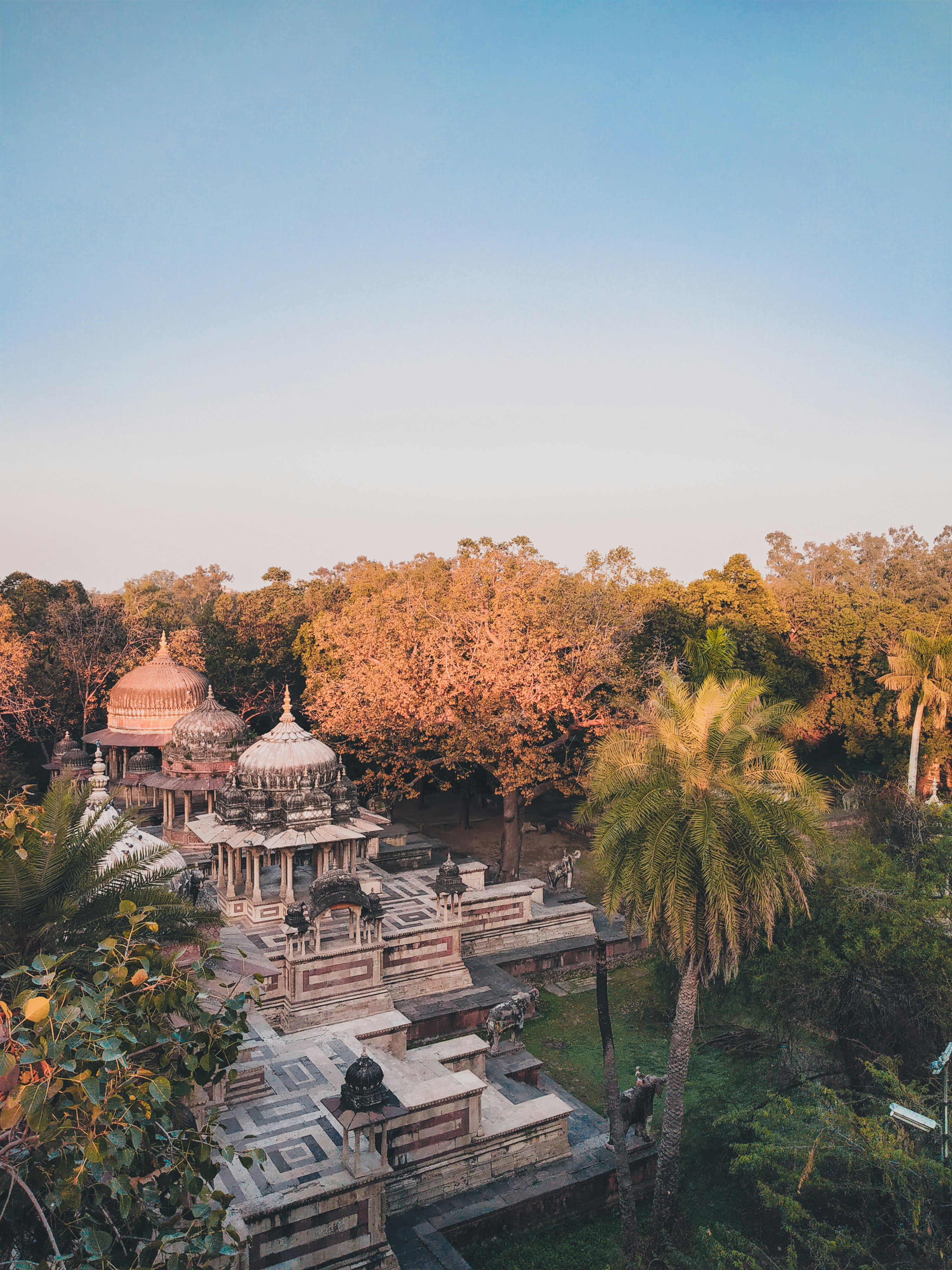 Sunlit temple complex nestled among lush trees; architectural stairs and domes form a stepped composition beneath a soft evening sky.