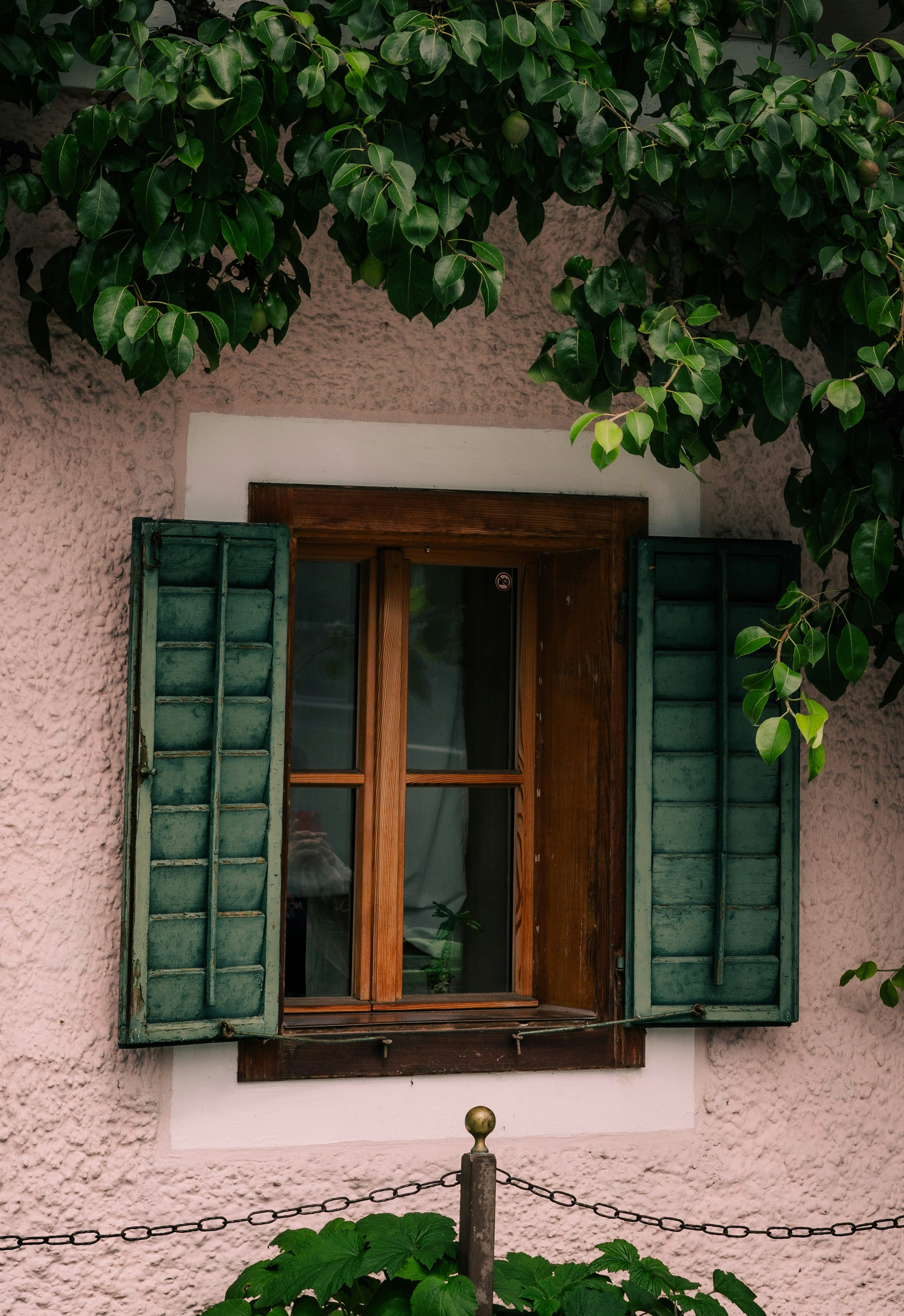 A window with green shutters and a chain around it photo – Free Image ...