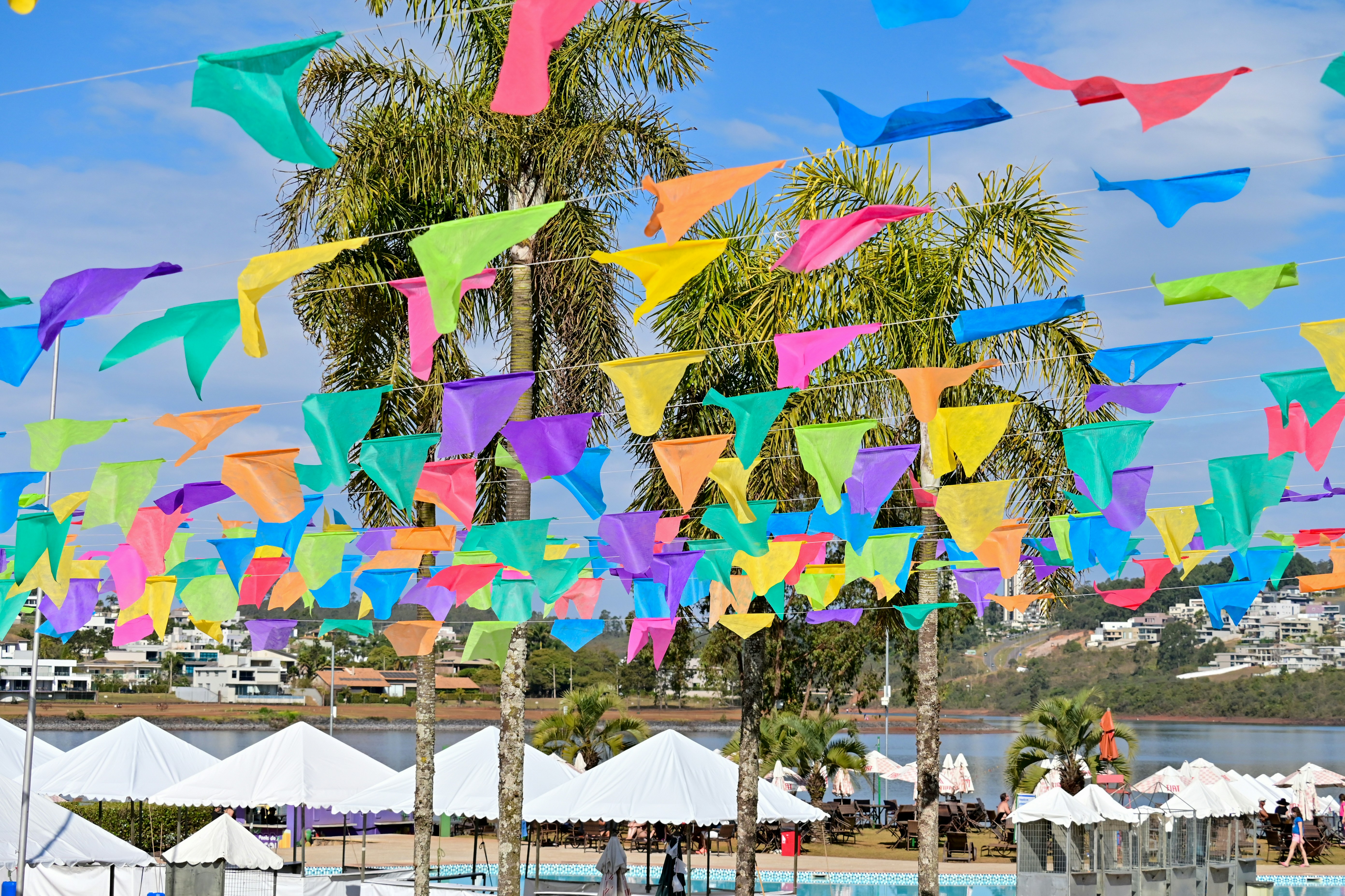 Vibrant flags flutter above a festival setting with palm trees and white tents, set against a blue sky.