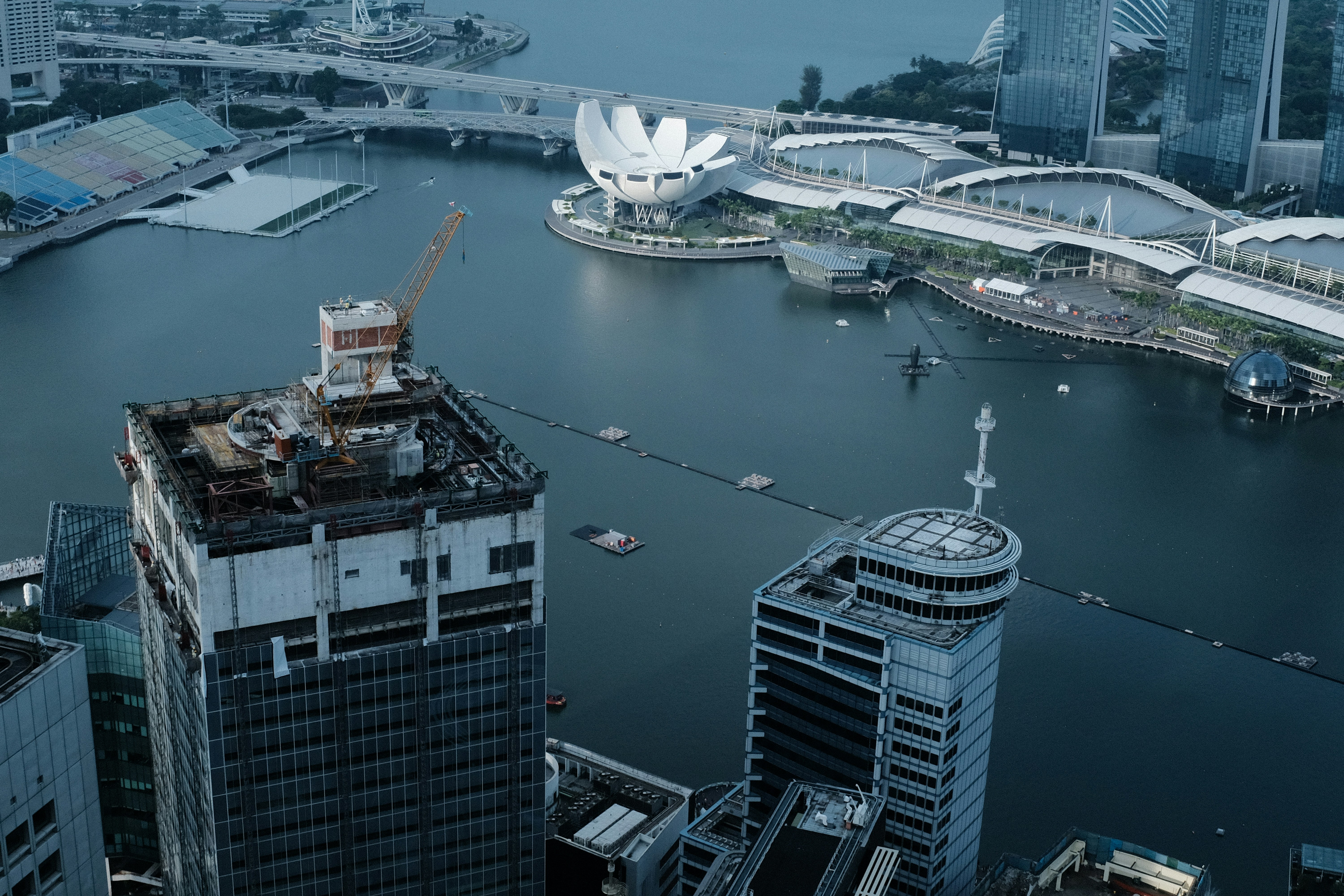 Cityscape Over Water: Crane, Cirrus, and a Lotus Theater