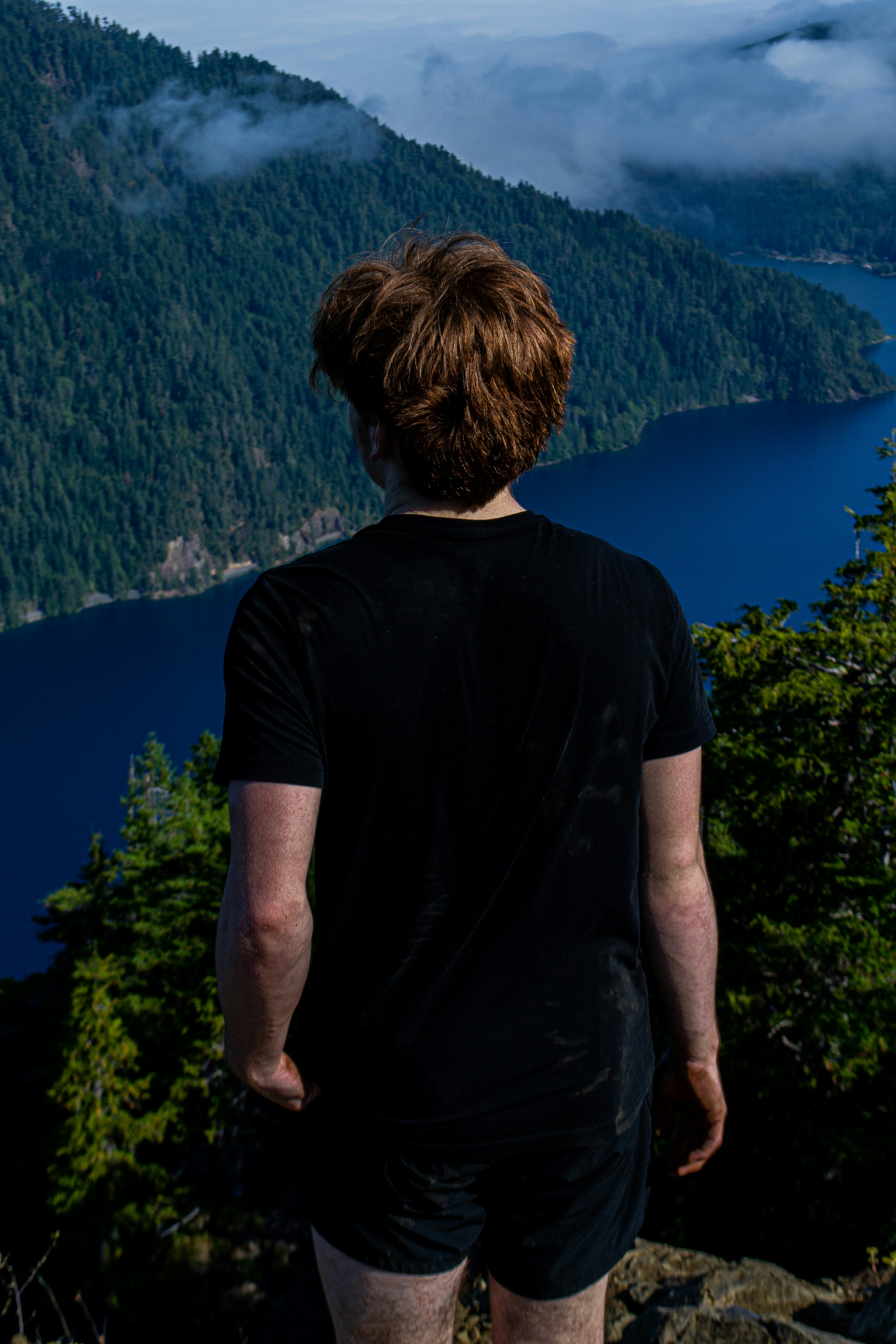 Back to the Edge: A Wanderer Overlooking a Forested Canyon and Blue Lake