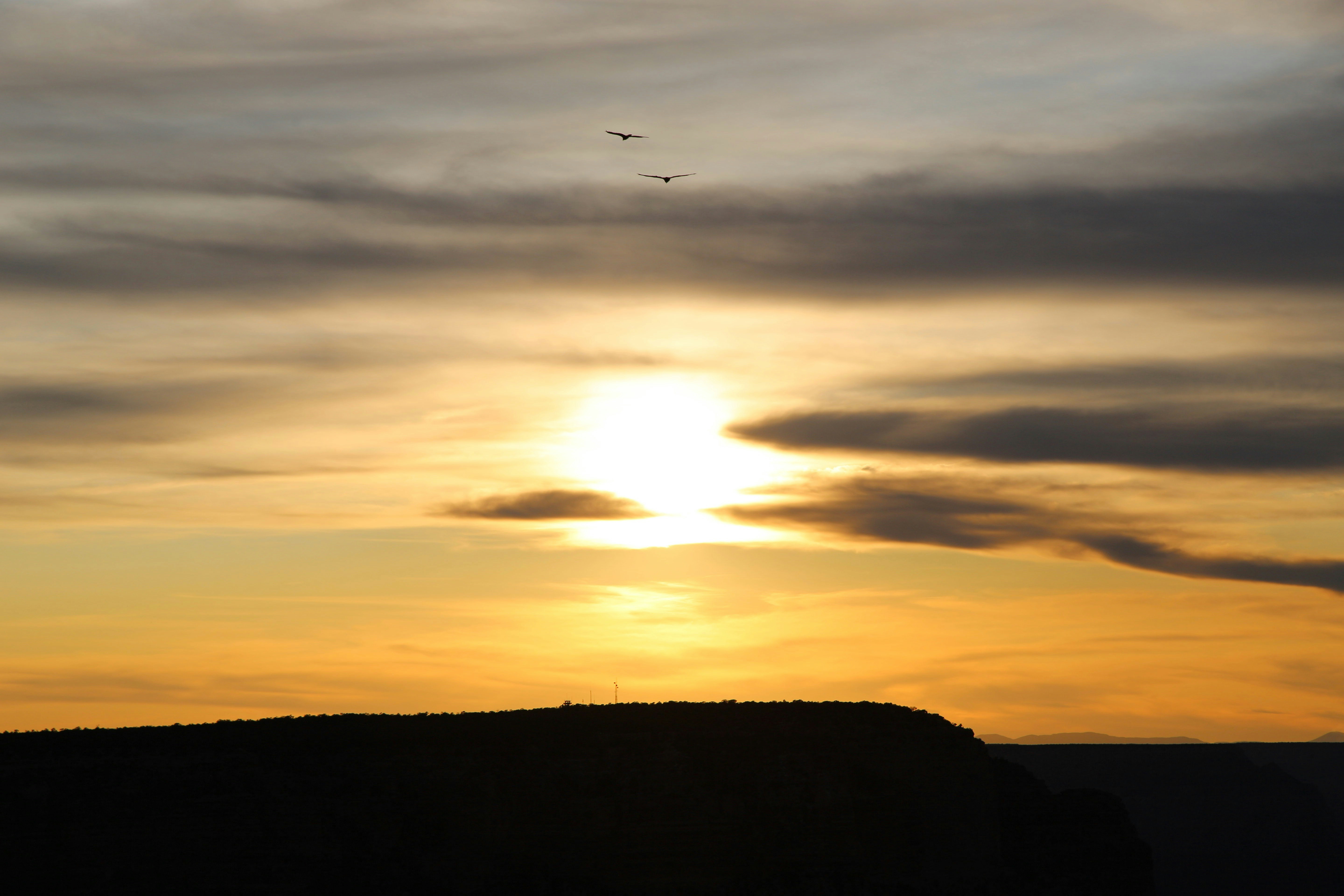 Horizon Glow: Sunset Over a Silhouetted Cliff with Birds in Flight