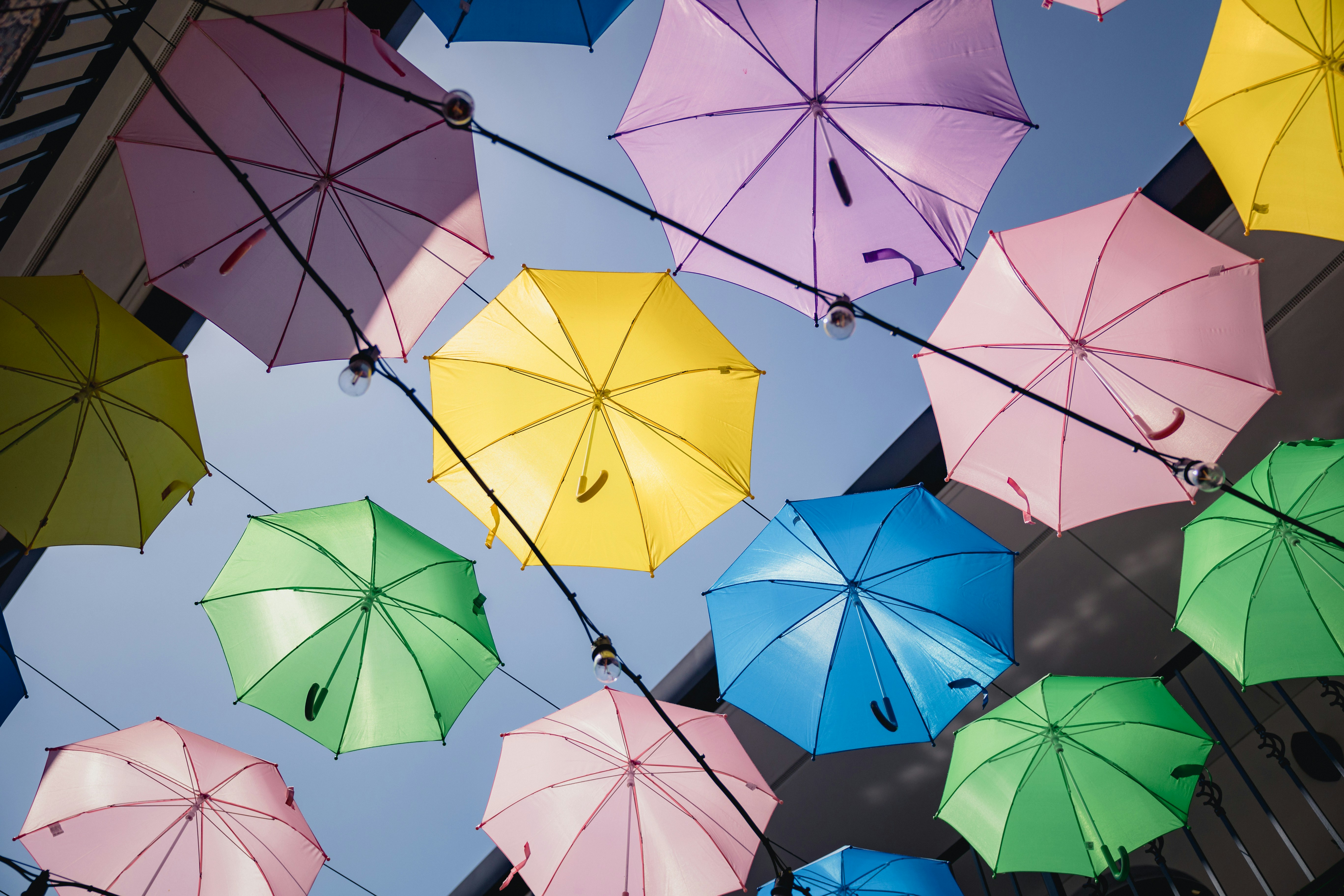 A bunch of colorful umbrellas hanging from a wire photo – Free Image on ...